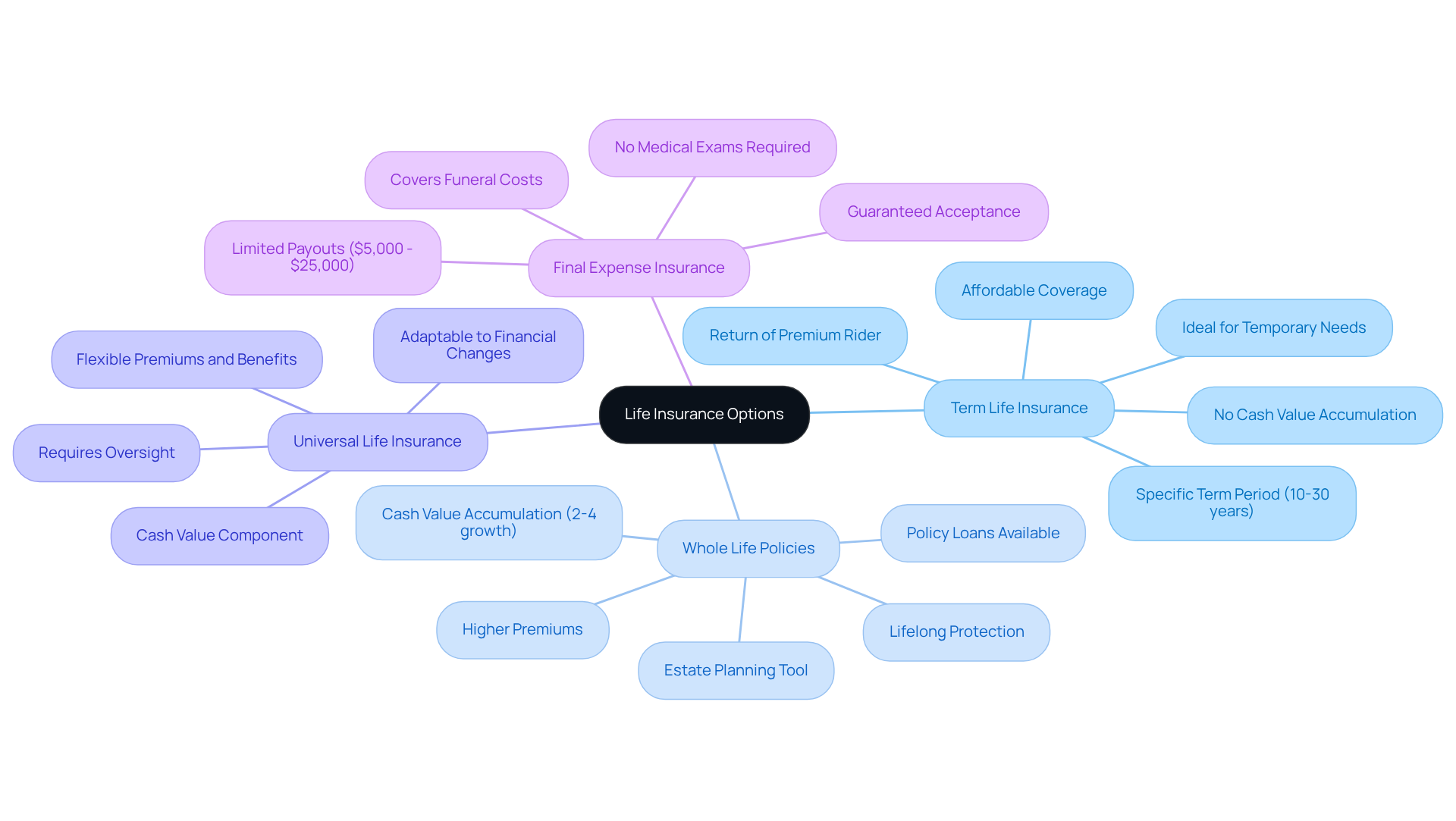 The central node represents the main topic of life insurance options. Each branch shows a different type of insurance, with further details on what makes each option unique. This helps you see at a glance what each type offers and how they differ.
