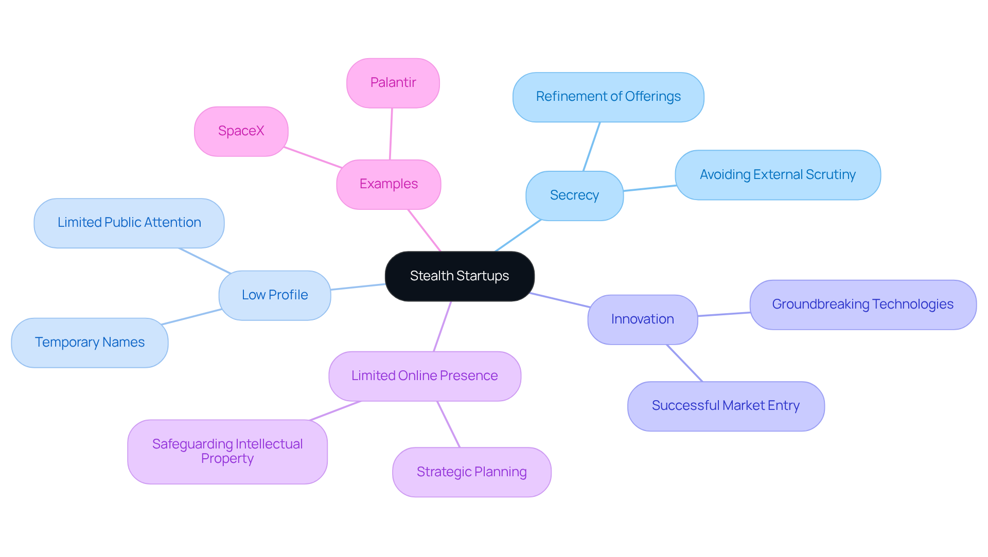 Start with the main idea at the center. Each branch represents a characteristic of stealth startups, with further details and examples illustrating their significance.