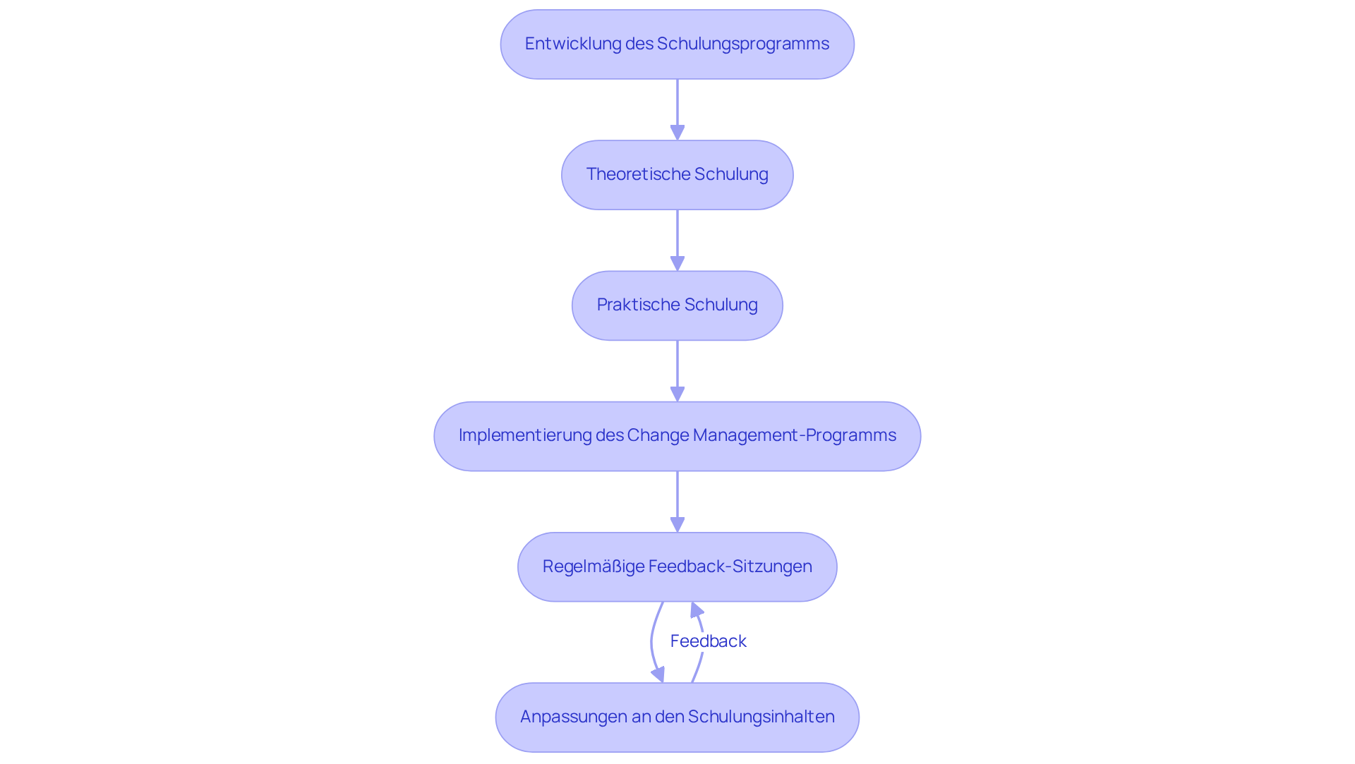 Jeder Schritt zeigt eine Phase im Schulungs- und Change Management-Prozess. Folgen Sie den Pfeilen, um zu sehen, wie die Schritte miteinander verbunden sind und in welcher Reihenfolge sie durchgeführt werden sollten.