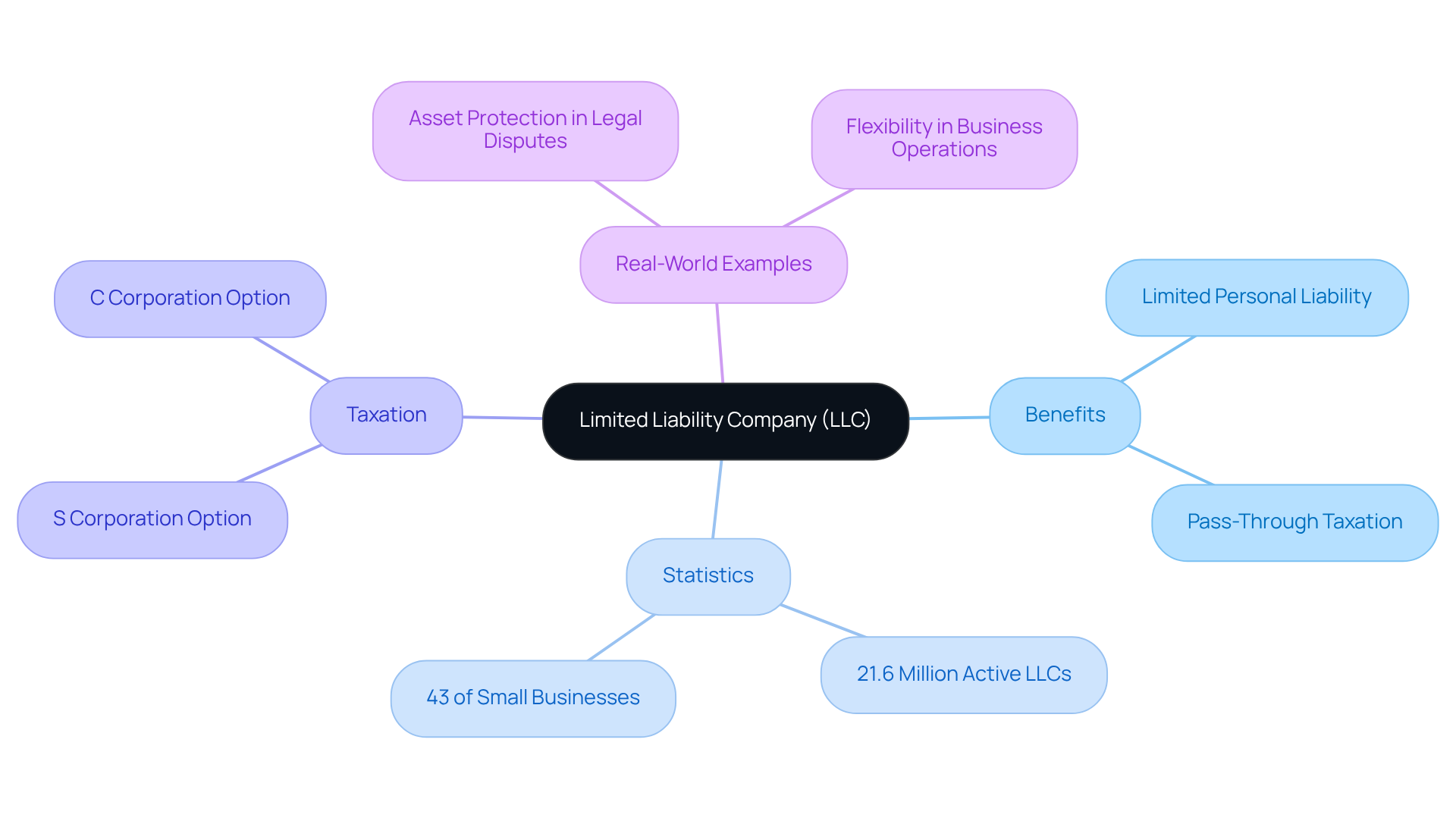 Start at the center with LLCs, then explore the branches to learn about their benefits, statistics, taxation options, and real-world examples of how they protect personal assets. Start at the center with LLCs, then explore the branches to learn about their benefits, statistics, taxation options, and real-world examples of how they protect personal assets.