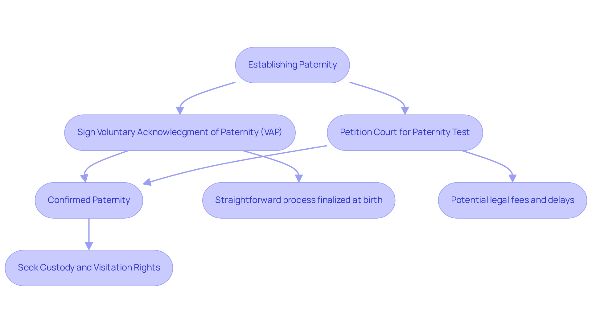 This flowchart illustrates the steps unwed fathers can take to establish paternity. Follow the arrows to see the options available, from signing a VAP to petitioning the court, and what happens once paternity is confirmed.