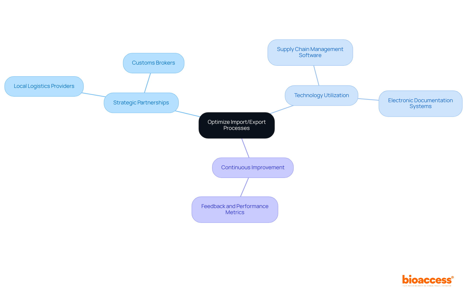 Start at the center with the main goal of optimizing processes, then follow the branches to explore each strategy and its specific actions. Each color represents a different strategy, helping you see how they connect and contribute to overall efficiency.