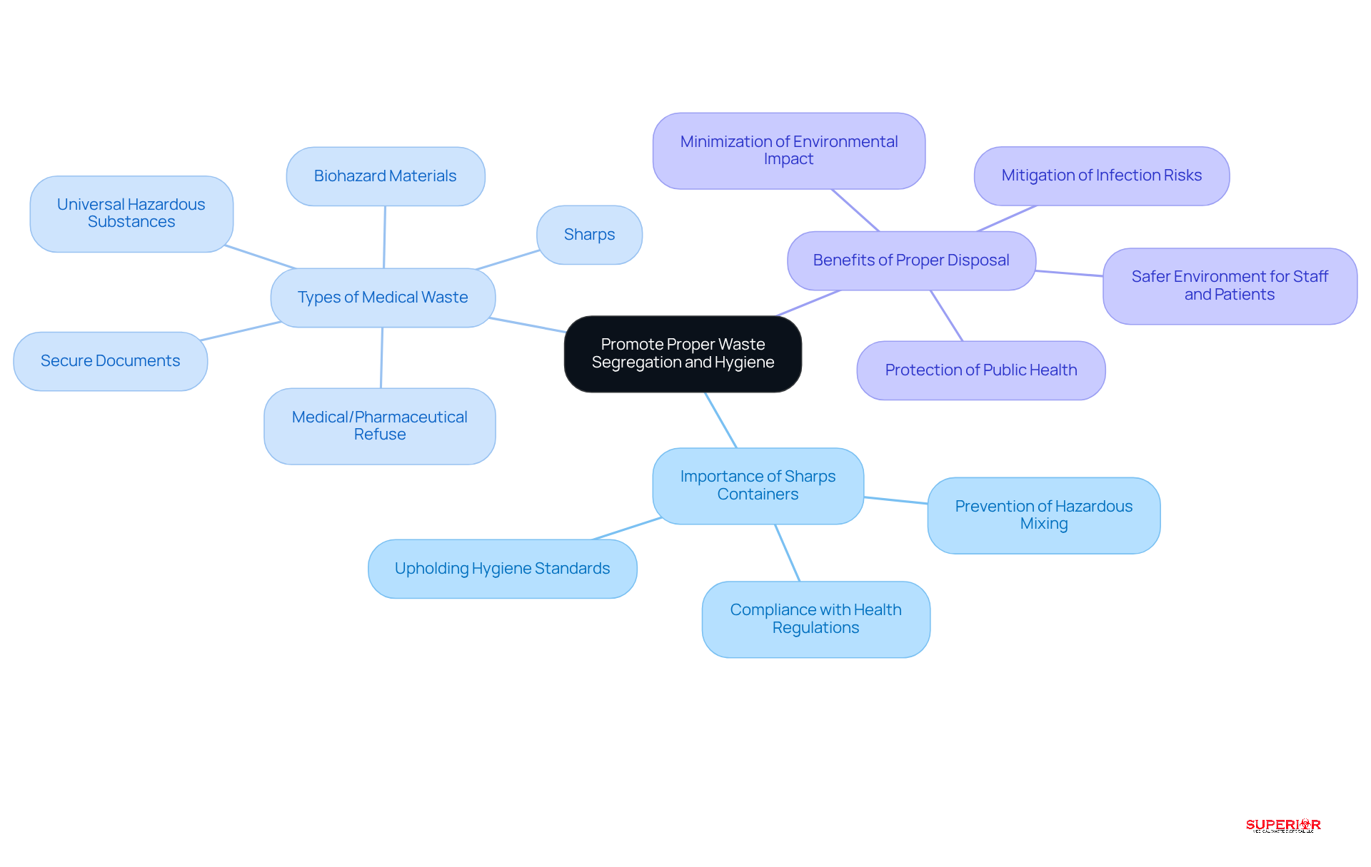 The central node represents the main theme of waste segregation and hygiene. Each branch shows different aspects of this theme, including the types of waste and their importance in maintaining health standards.