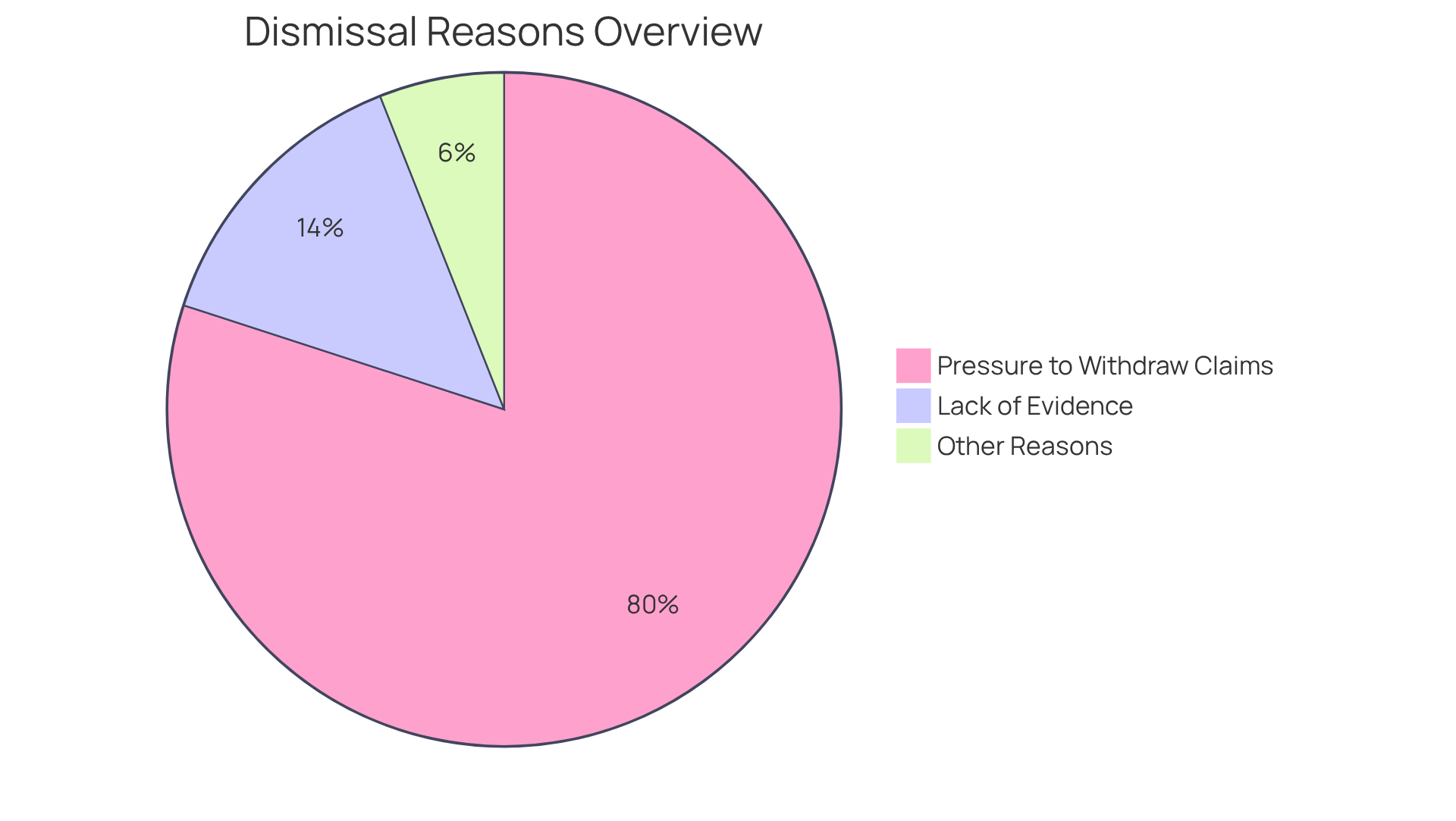 Each segment of the pie chart shows a different reason why domestic violence cases may be dismissed. The larger the segment, the more significant that reason is in the overall context. For example, the red segment represents the overwhelming pressure survivors feel to withdraw their claims, while the blue segment indicates cases lacking sufficient evidence.
