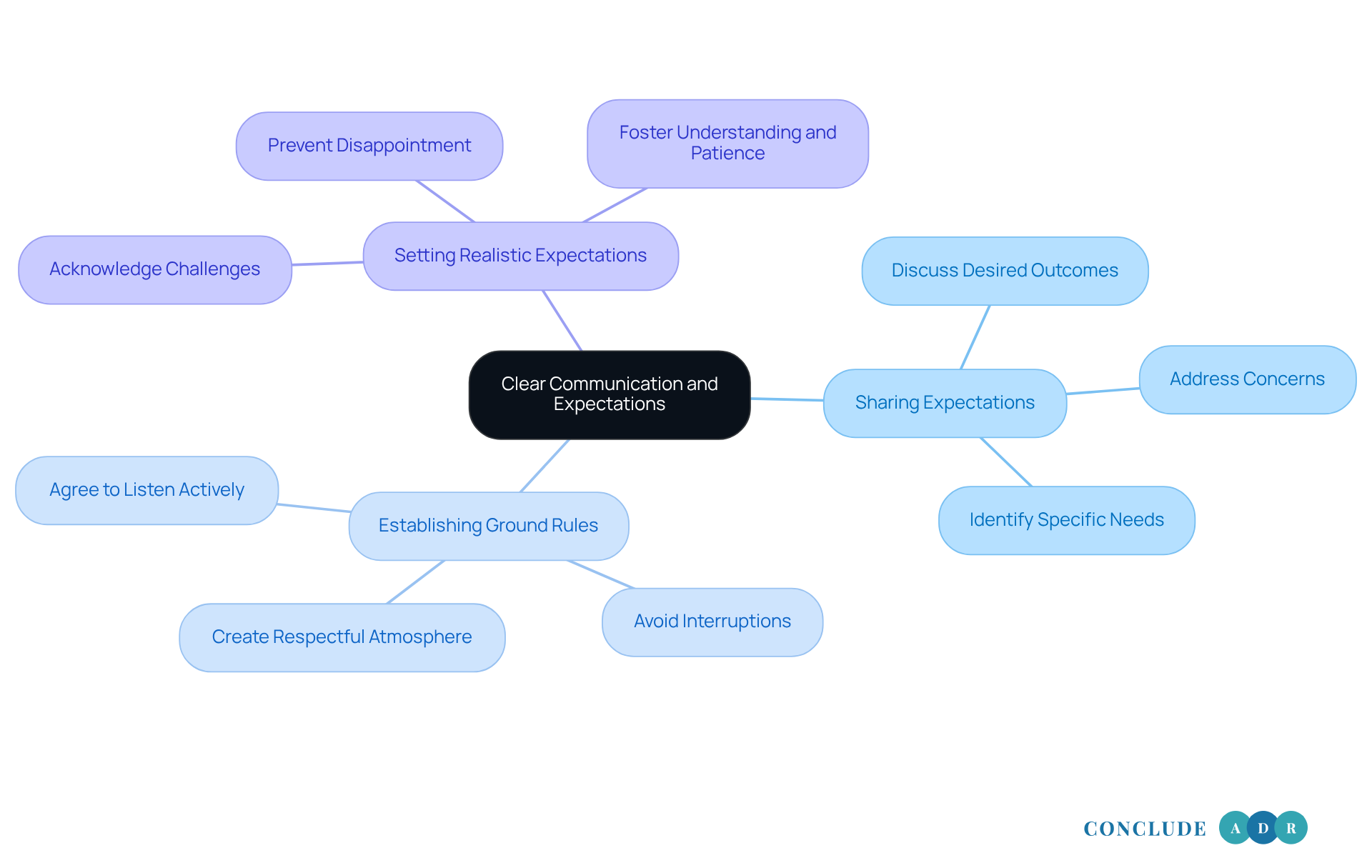 Start at the center with the main theme, then follow the branches to explore each aspect of communication and expectations. Each branch represents a key area to focus on, with further details to guide your understanding.