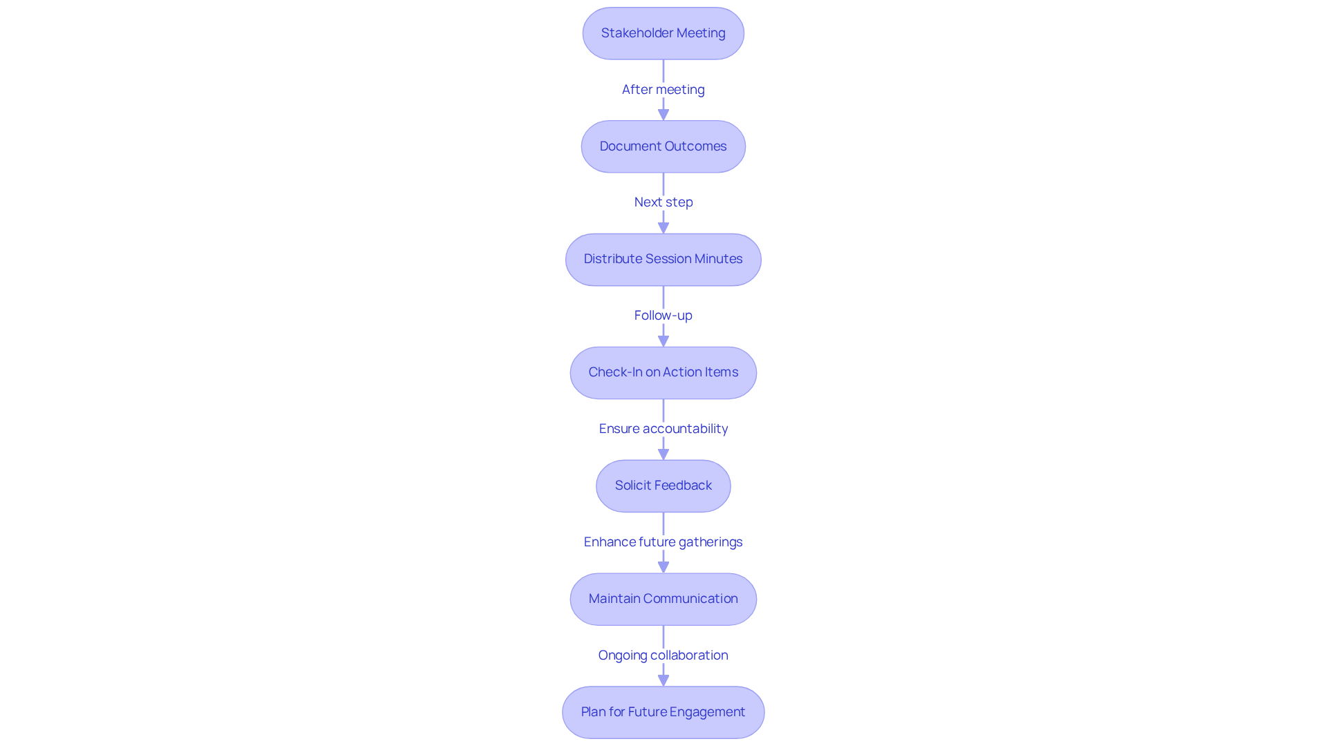 This flowchart shows the steps to take after a stakeholder meeting. Each box represents an important action, and the arrows guide you through the process of maintaining engagement and accountability.