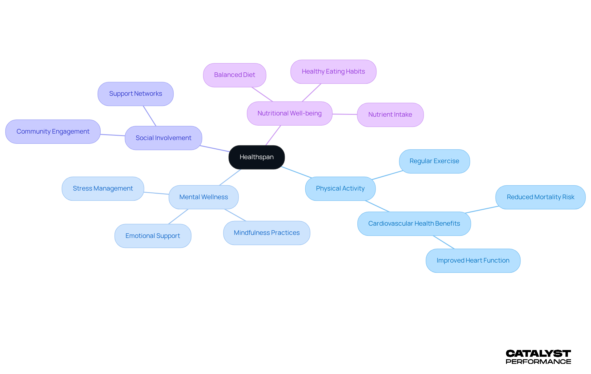 The central node represents healthspan, while the branches show key characteristics that contribute to a vibrant life. Each sub-branch highlights specific elements that support overall well-being.