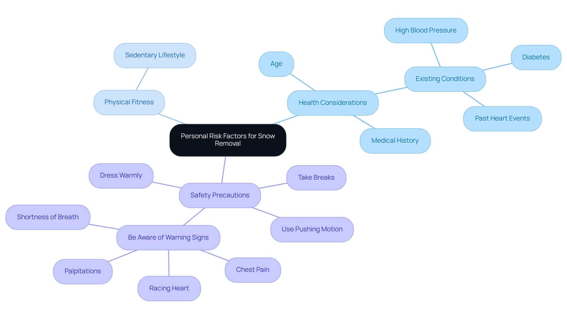 The center shows the main topic of personal risk factors. Each branch represents a different aspect to consider, with sub-branches providing more detailed information. This helps you understand how various factors relate to your health and safety while clearing snow. The center shows the main topic of personal risk factors. Each branch represents a different aspect to consider, with sub-branches providing more detailed information. This helps you understand how various factors relate to your health and safety while clearing snow.