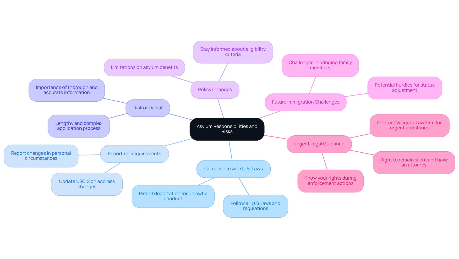 The central node represents the overall theme of asylum responsibilities and risks. Each branch highlights a specific area of concern, helping you see the important aspects you need to be aware of as an asylee.