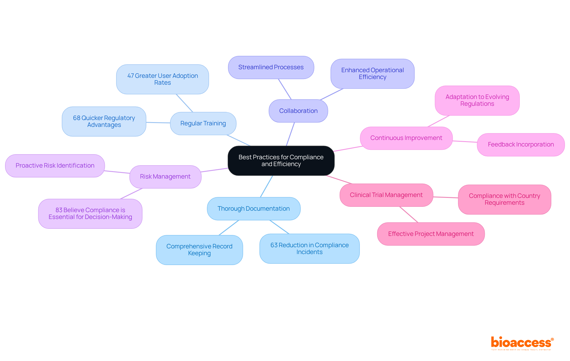 The central idea represents the core goal of compliance and efficiency, while the branches show different best practices. Each sub-point highlights important statistics or key actions related to that practice.