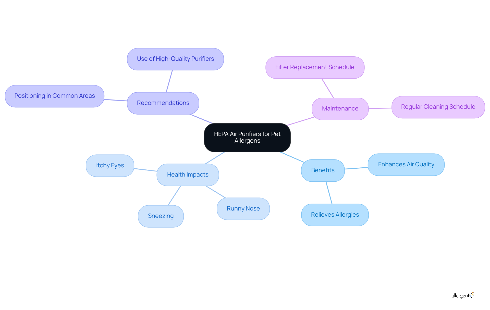 The central node represents the main topic, while the branches show related benefits, health impacts, and recommendations. Each color-coded branch helps you easily identify different aspects of using HEPA air purifiers.