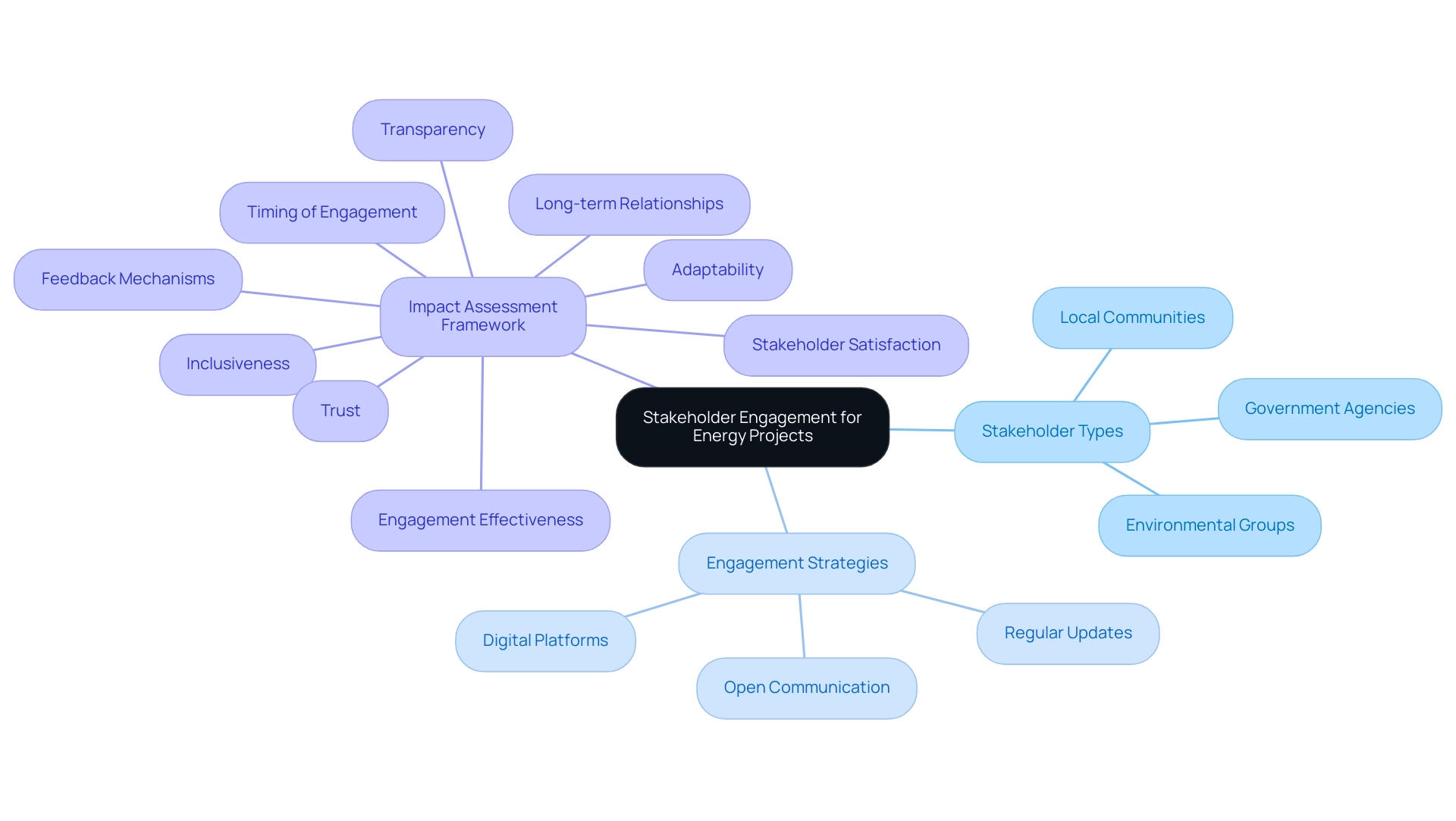 The central node represents the overall theme, with branches showing different stakeholder types, strategies for engagement, and criteria for assessing impact.