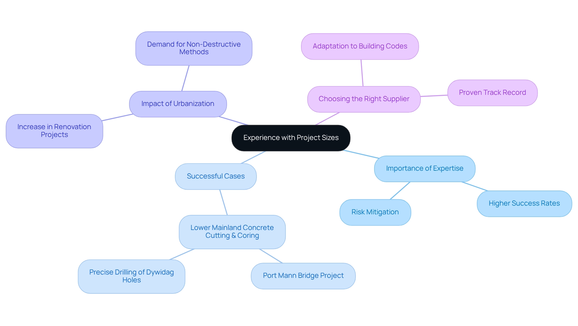 At the center is the main idea about experience with project sizes, branching out into related topics and examples. Each branch represents a key aspect to consider when selecting a concrete cutting service, making it easy to see the connections.