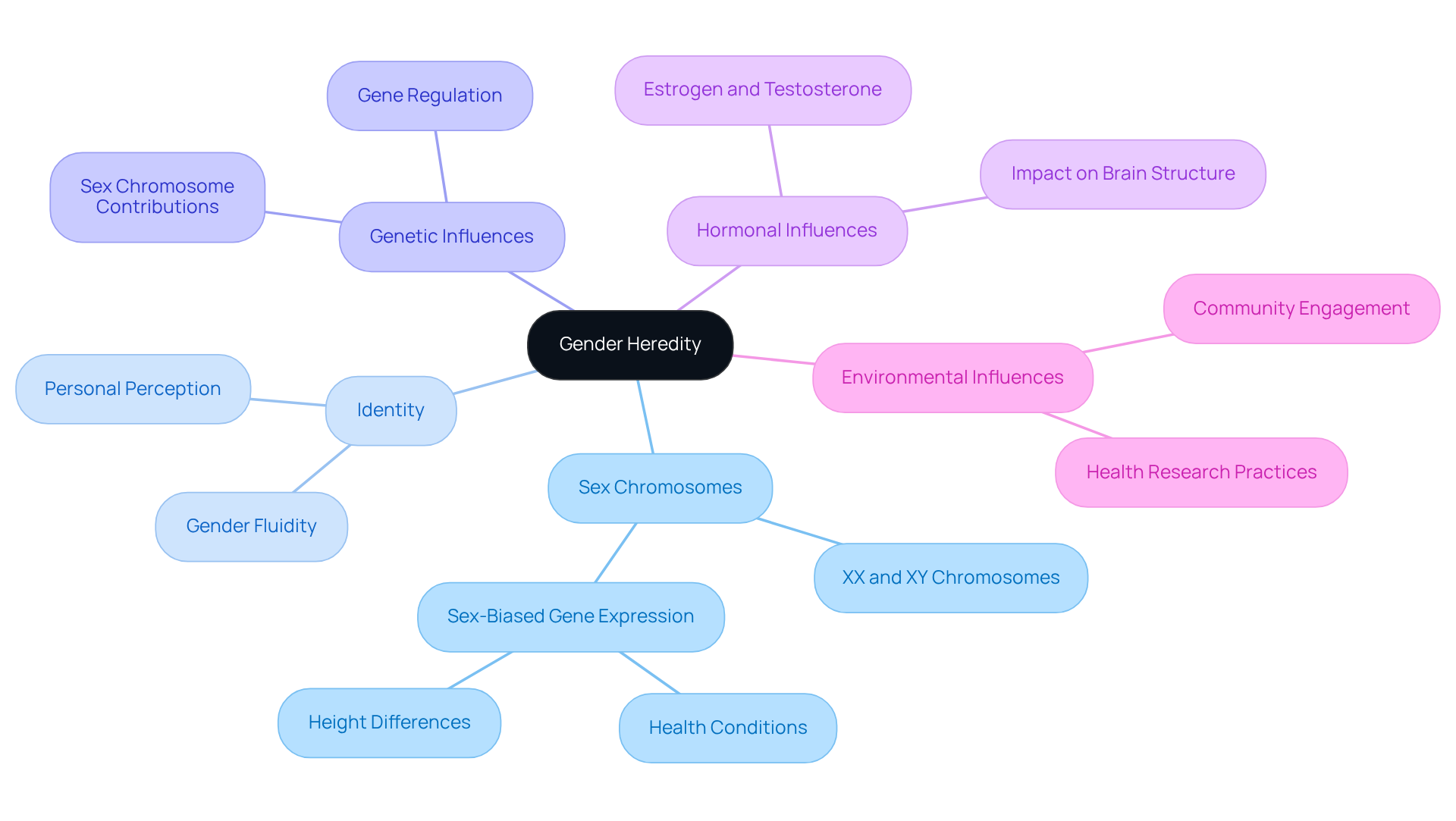 The central node represents the main topic of gender heredity. Each branch shows a key concept related to this topic, and the sub-branches provide more detailed information. Follow the branches to explore how these ideas connect and influence each other.
