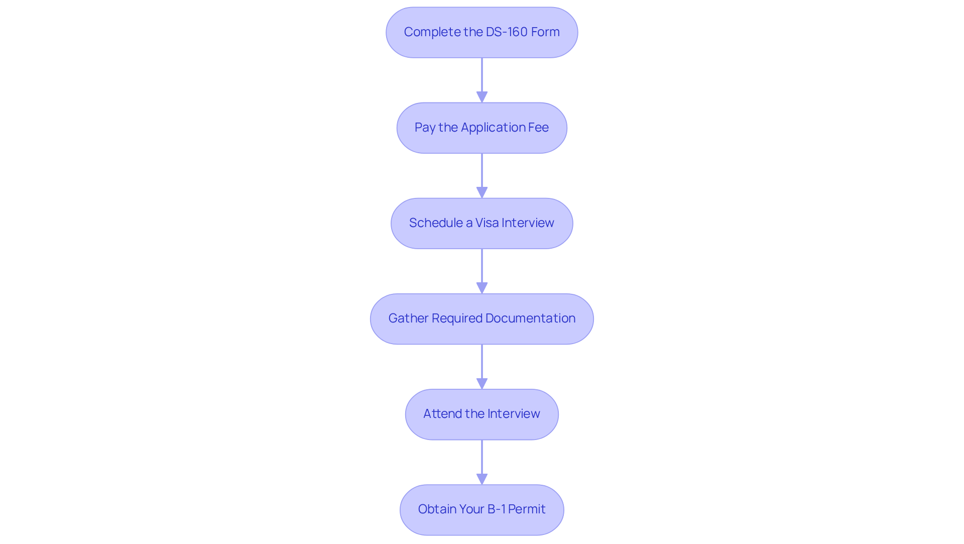 Each box represents a step you need to take to apply for your business visa. Follow the arrows to see the order in which you should complete each step.