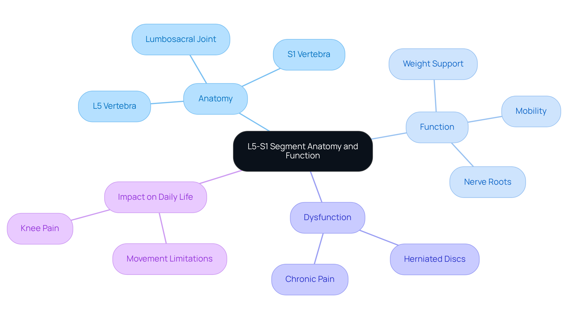 This mindmap illustrates the anatomy and function of the L5-S1 segment. Start at the center to explore how the vertebrae work together, the importance of this joint, and the effects of dysfunction on daily life. Each branch represents a different aspect, helping you see the connections and understand the overall significance. This mindmap illustrates the anatomy and function of the L5-S1 segment. Start at the center to explore how the vertebrae work together, the importance of this joint, and the effects of dysfunction on daily life. Each branch represents a different aspect, helping you see the connections and understand the overall significance.