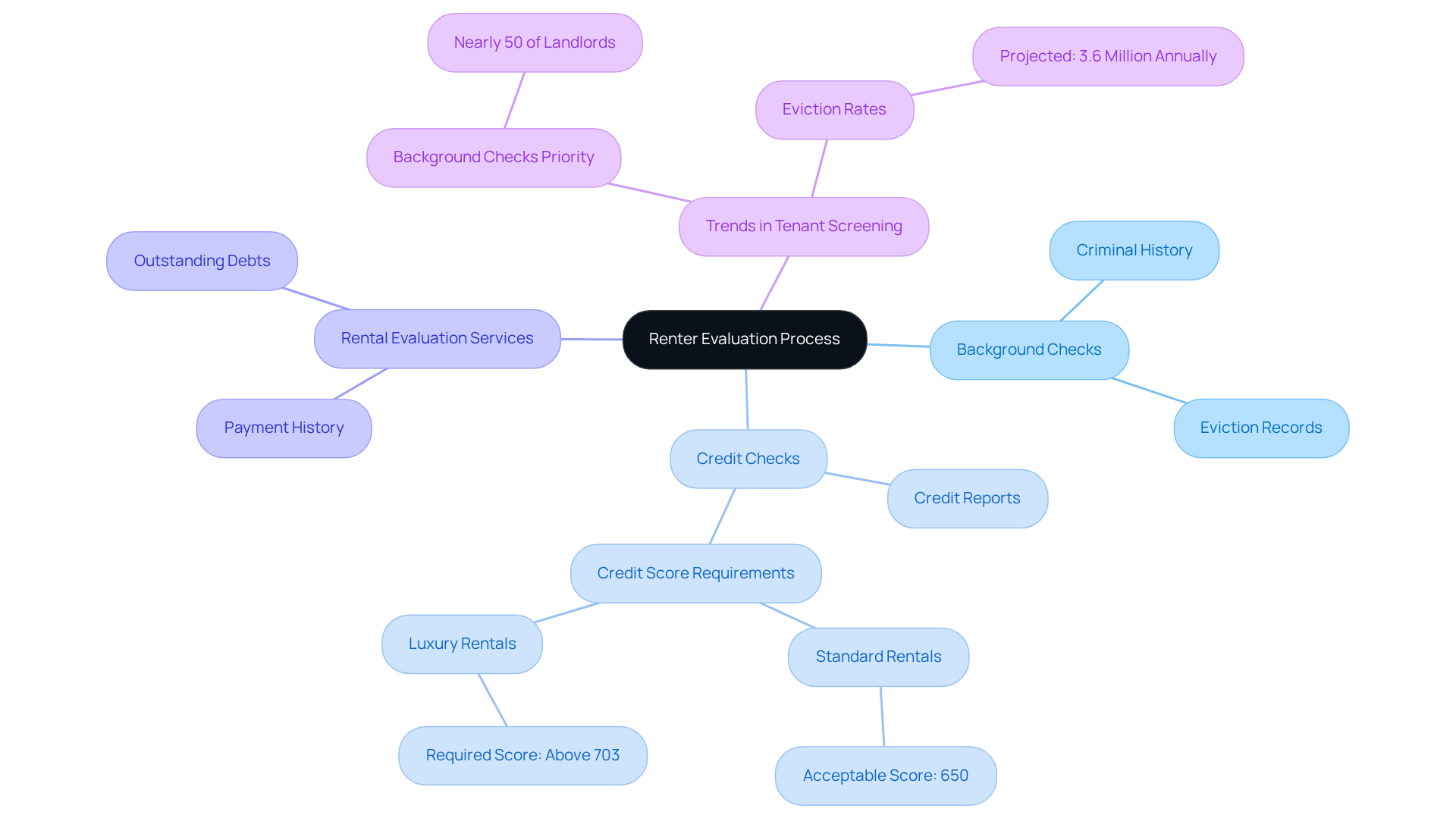 The center represents the overall renter evaluation process, with branches showing the key components involved. Each sub-branch provides specific details that landlords should consider when evaluating potential renters.