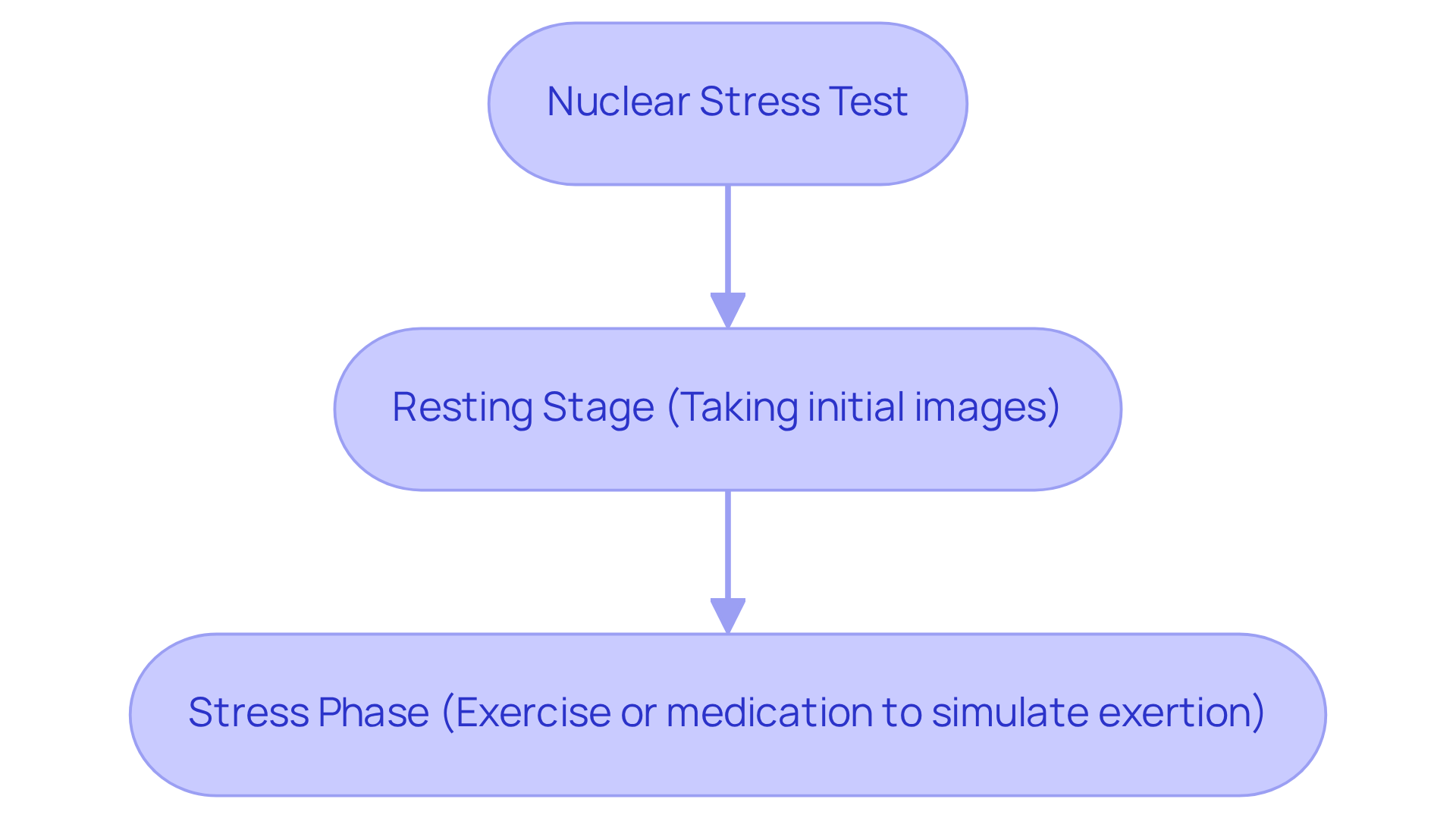 This flowchart outlines the steps of a nuclear stress test. Start at the top with the test itself, then follow the arrows down to see the resting stage and the stress phase. Each box explains what happens at that stage.