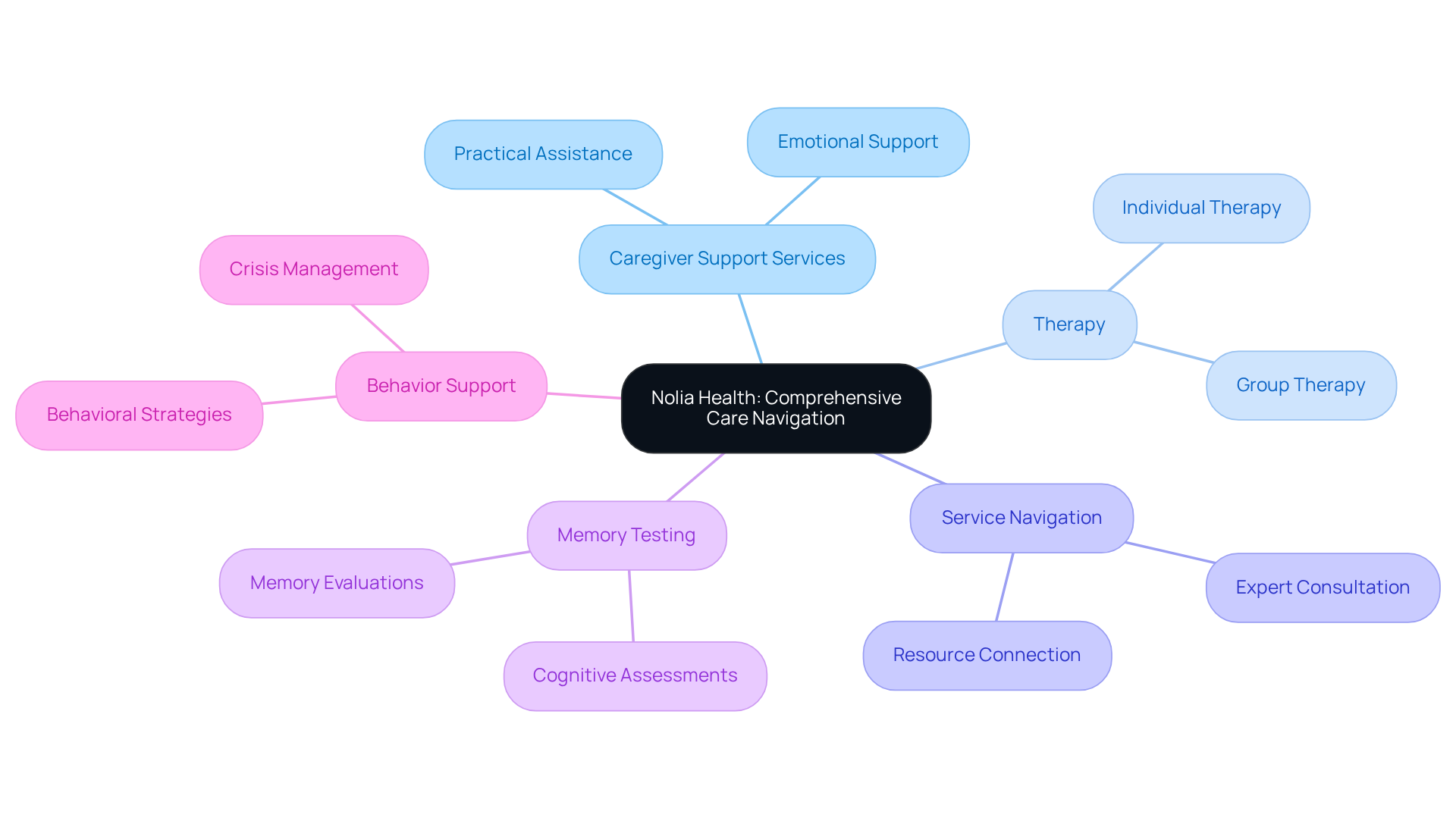 The central node represents Nolia Health's mission, while the branches show the various services they provide to support caregivers. Each branch highlights a different aspect of care, illustrating how they work together to create a comprehensive support system. The central node represents Nolia Health's mission, while the branches show the various services they provide to support caregivers. Each branch highlights a different aspect of care, illustrating how they work together to create a comprehensive support system.