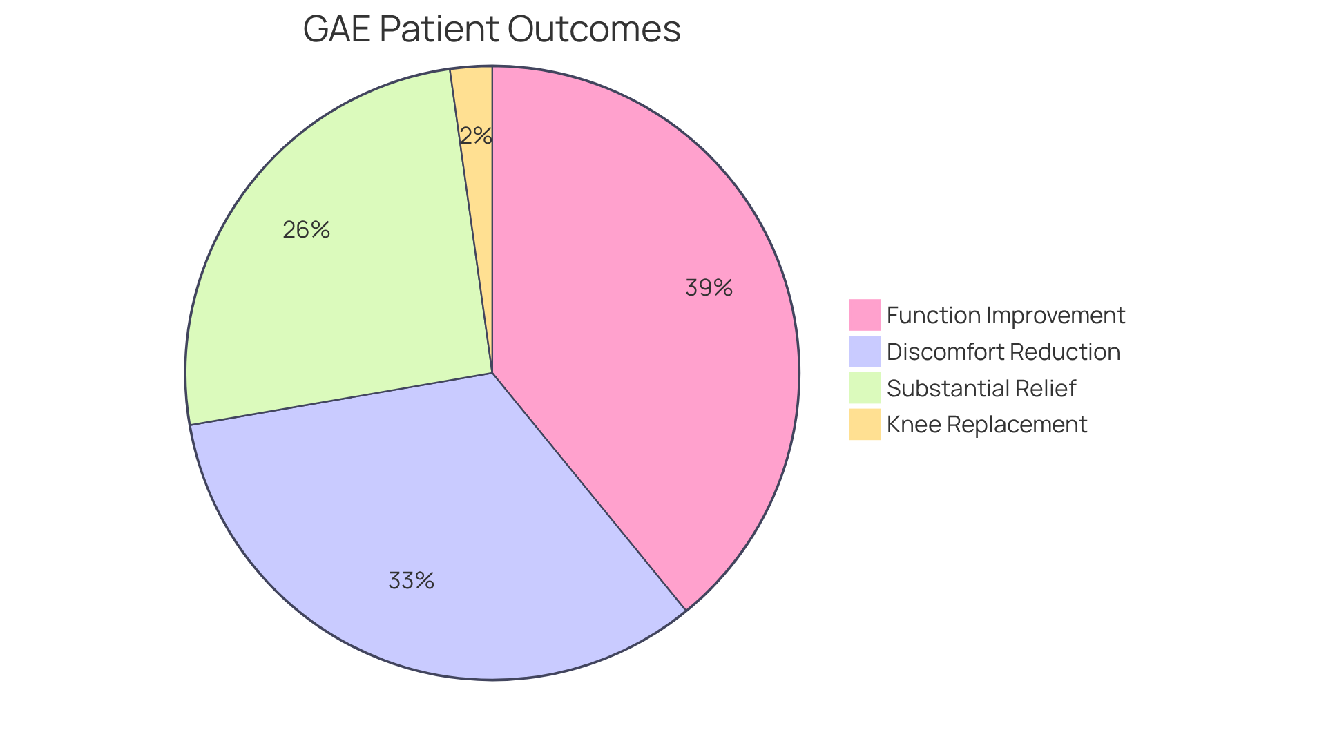 Each slice of the pie shows a different outcome for patients after GAE. The bigger the slice, the more patients experienced that result. For example, 60% felt significant relief, while only a small slice (5.2%) needed knee replacement.