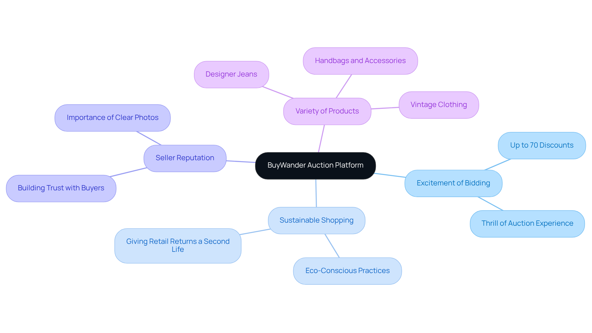 The central node represents the auction platform, while the branches show different aspects of the experience. Each color-coded branch highlights a unique theme, making it easy to understand the diverse elements that contribute to the excitement of shopping at BuyWander.