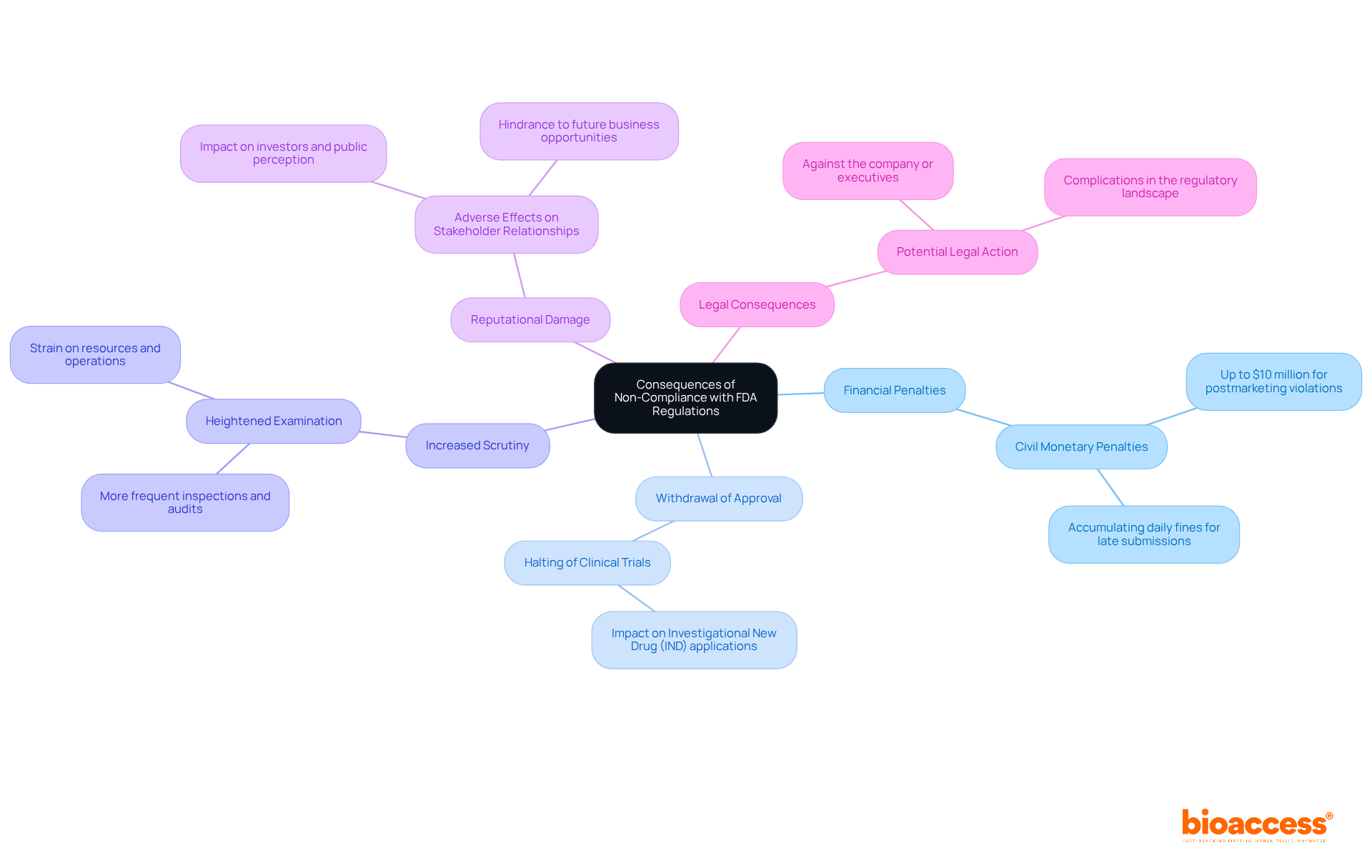 This mindmap shows the key repercussions of not following FDA regulations. Each branch represents a specific consequence, with further details branching out to clarify the implications.