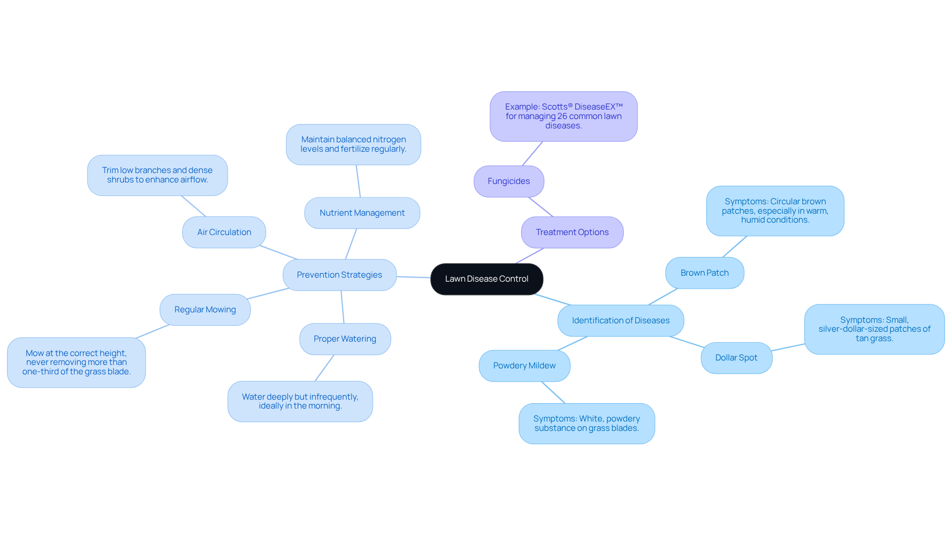 This mindmap starts with the main topic of lawn disease control at the center. From there, you can explore how to identify diseases, prevent them, and treat them effectively. Each branch leads to specific actions and examples, making it easy to understand how to keep your lawn healthy.
