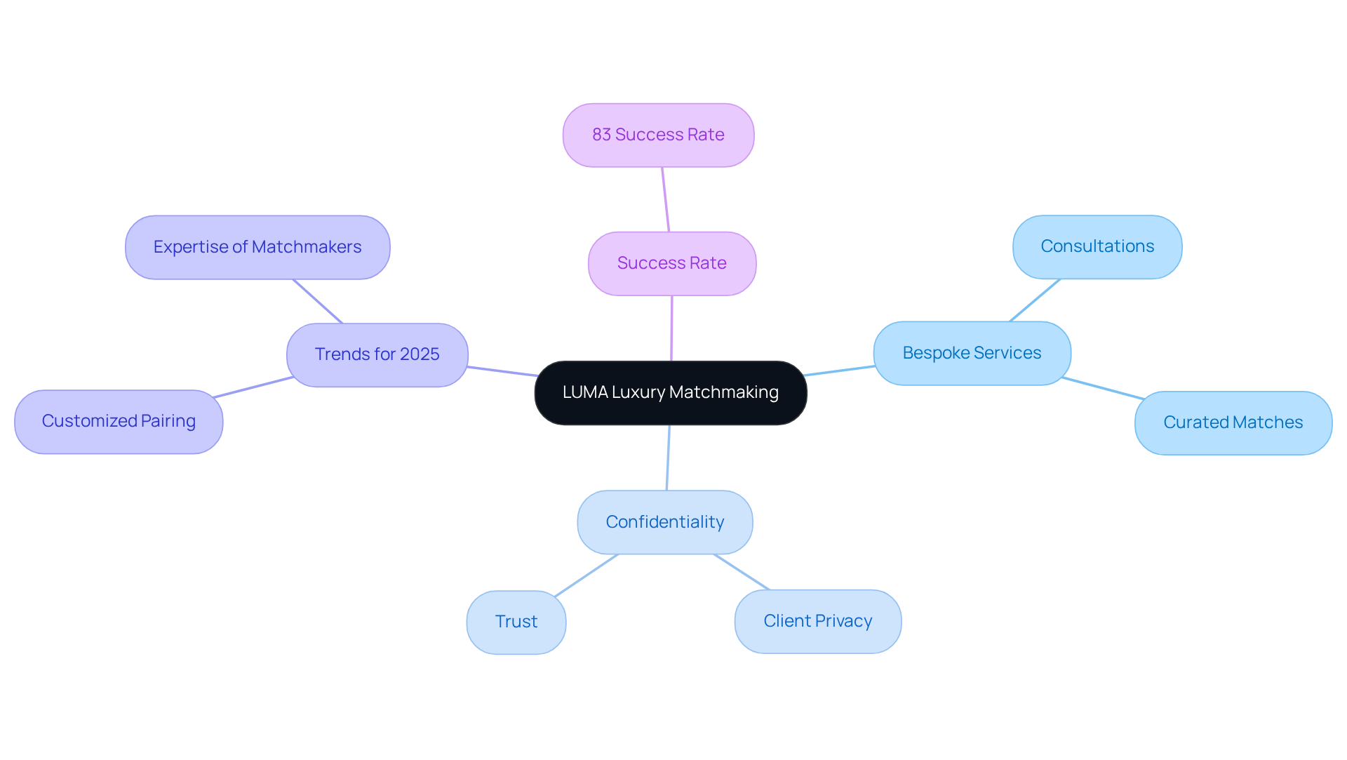 The central node represents LUMA's core service, while the branches illustrate the key components of their approach, showing how they work together to create a premium matchmaking experience.