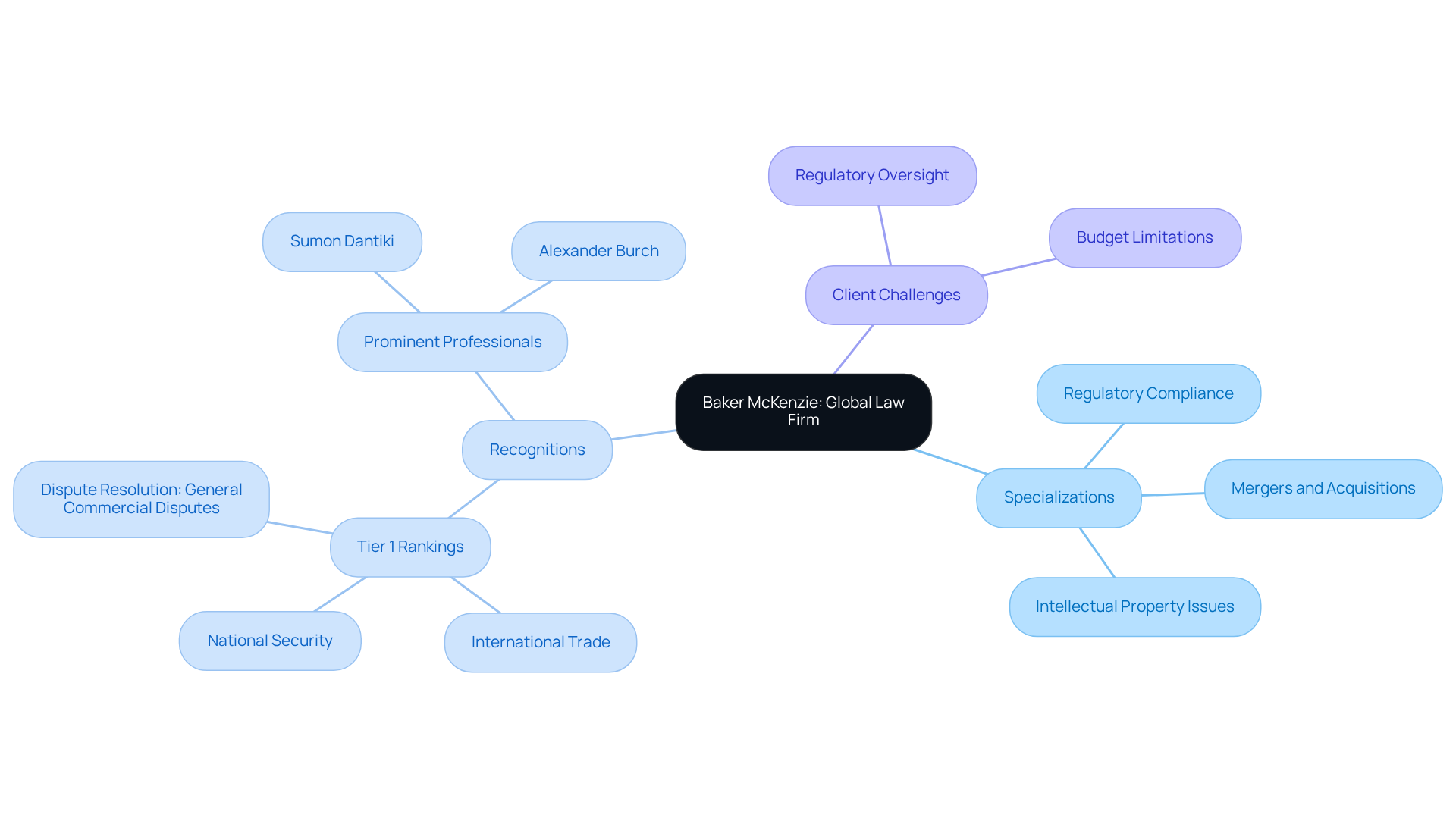 This mindmap illustrates the key areas where Baker McKenzie excels. The central node represents the firm, while the branches show their specializations, recognitions, and the challenges faced by their clients. Each branch helps you see how the firm supports medical organizations in navigating complex legal landscapes.