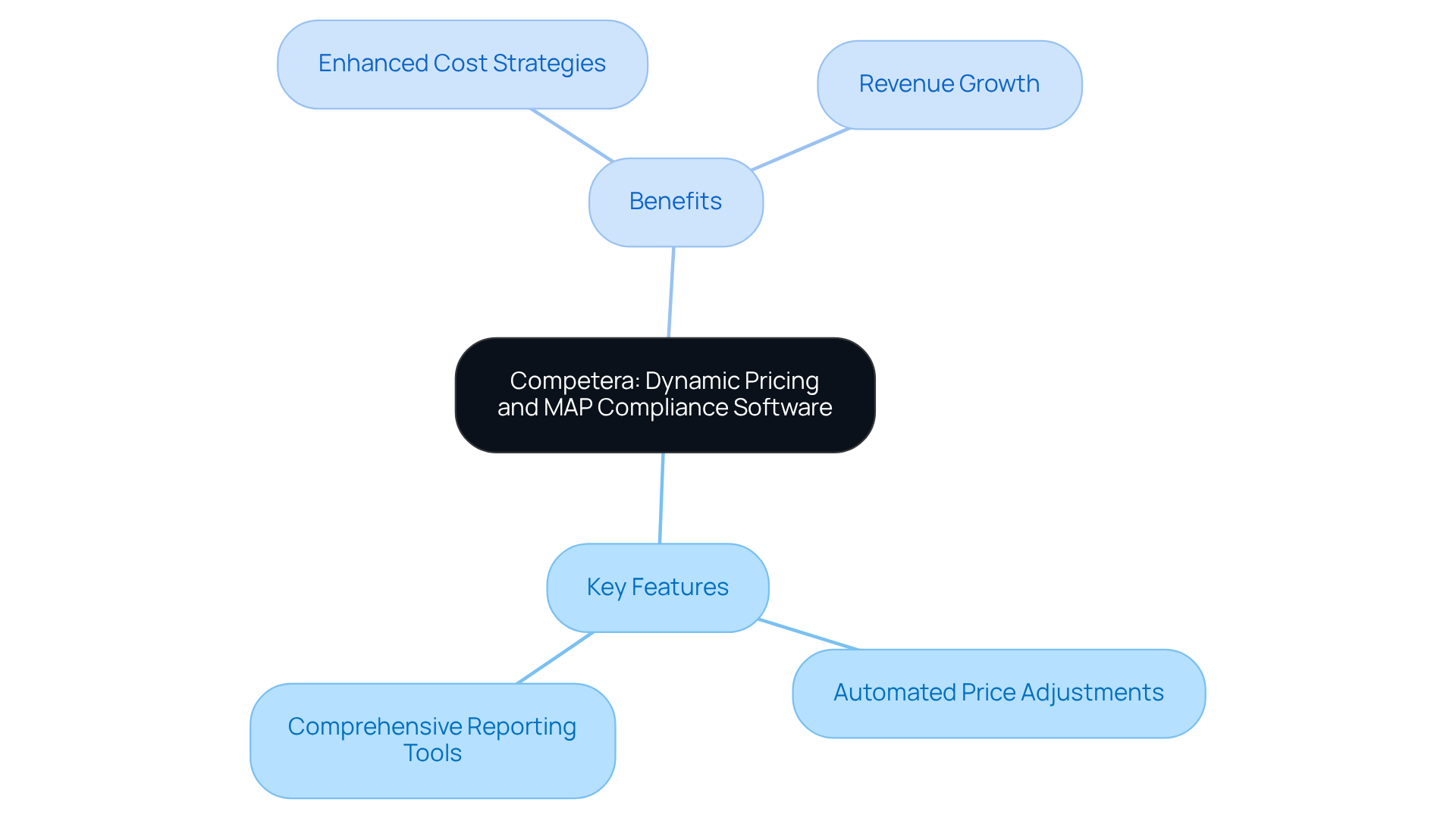 The center represents Competera's software, with branches showing its key features and the benefits they provide. Each color-coded branch helps you see how everything connects.