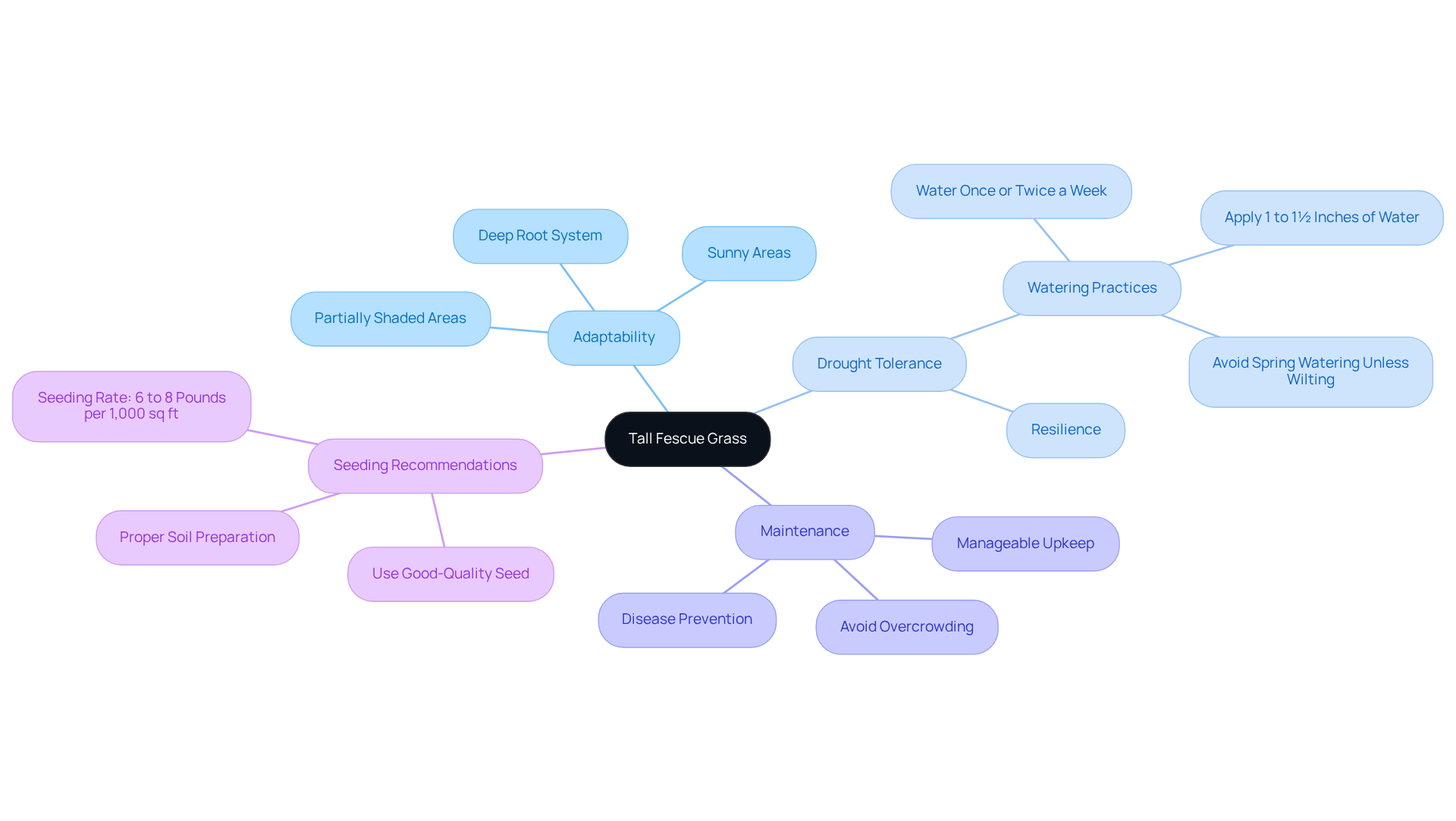 This mindmap illustrates the key features and care tips for Tall Fescue grass. Start at the center with the grass type, then explore the branches to learn about its adaptability, drought tolerance, maintenance needs, and seeding recommendations. Each branch connects to important details that help homeowners understand how to cultivate a healthy lawn.