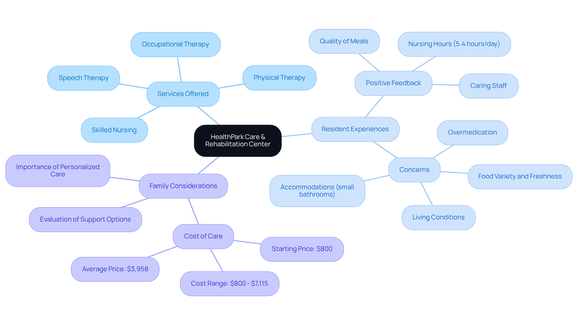 The central node represents the facility, and branches show various aspects. Positive experiences are highlighted alongside concerns, helping families make informed decisions about care options.