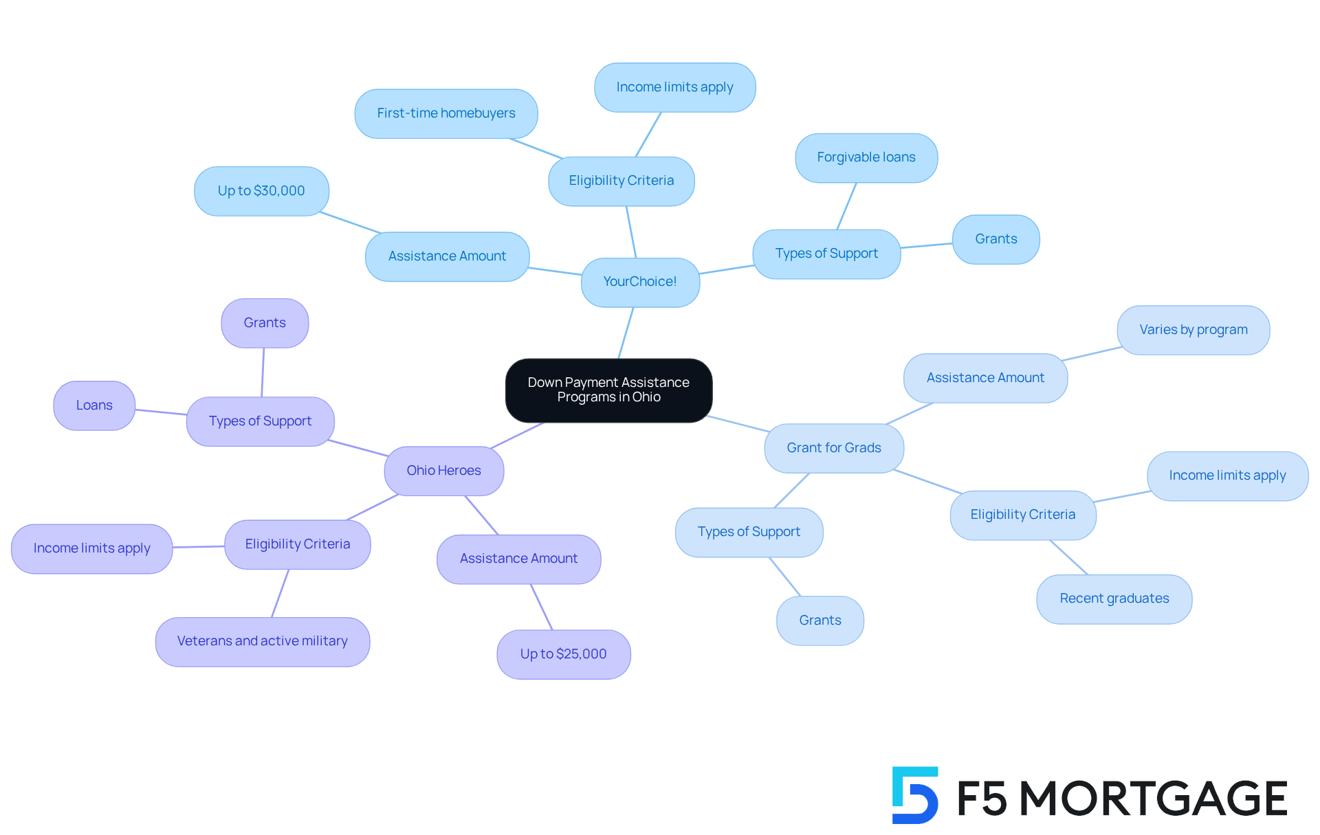 The center represents the main topic of down payment assistance, while the branches illustrate specific programs and details about each one. Follow the branches to understand the options available for making homeownership more attainable.