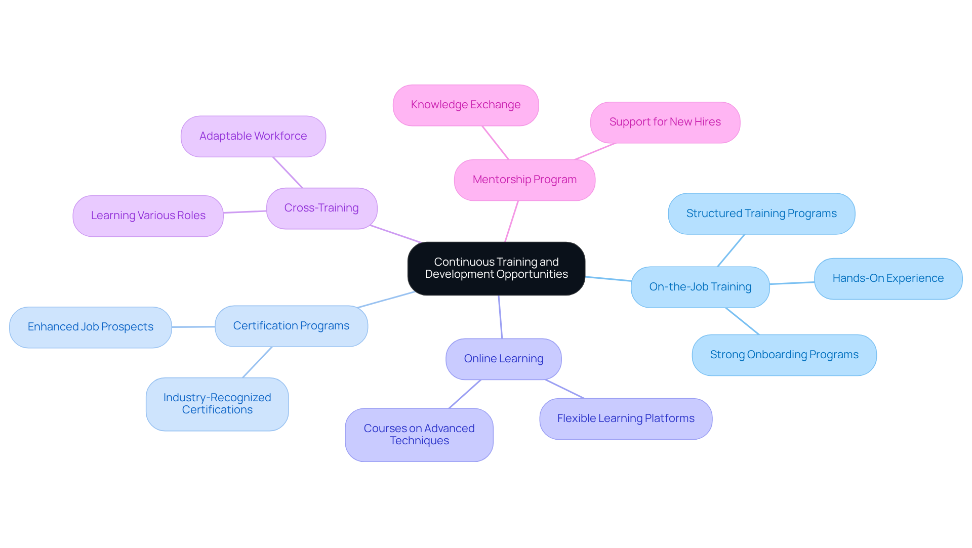 The center represents the main goal of continuous training. Each branch shows a different strategy to achieve this, with further details on how each strategy helps retain skilled workers. The center represents the main goal of continuous training. Each branch shows a different strategy to achieve this, with further details on how each strategy helps retain skilled workers.