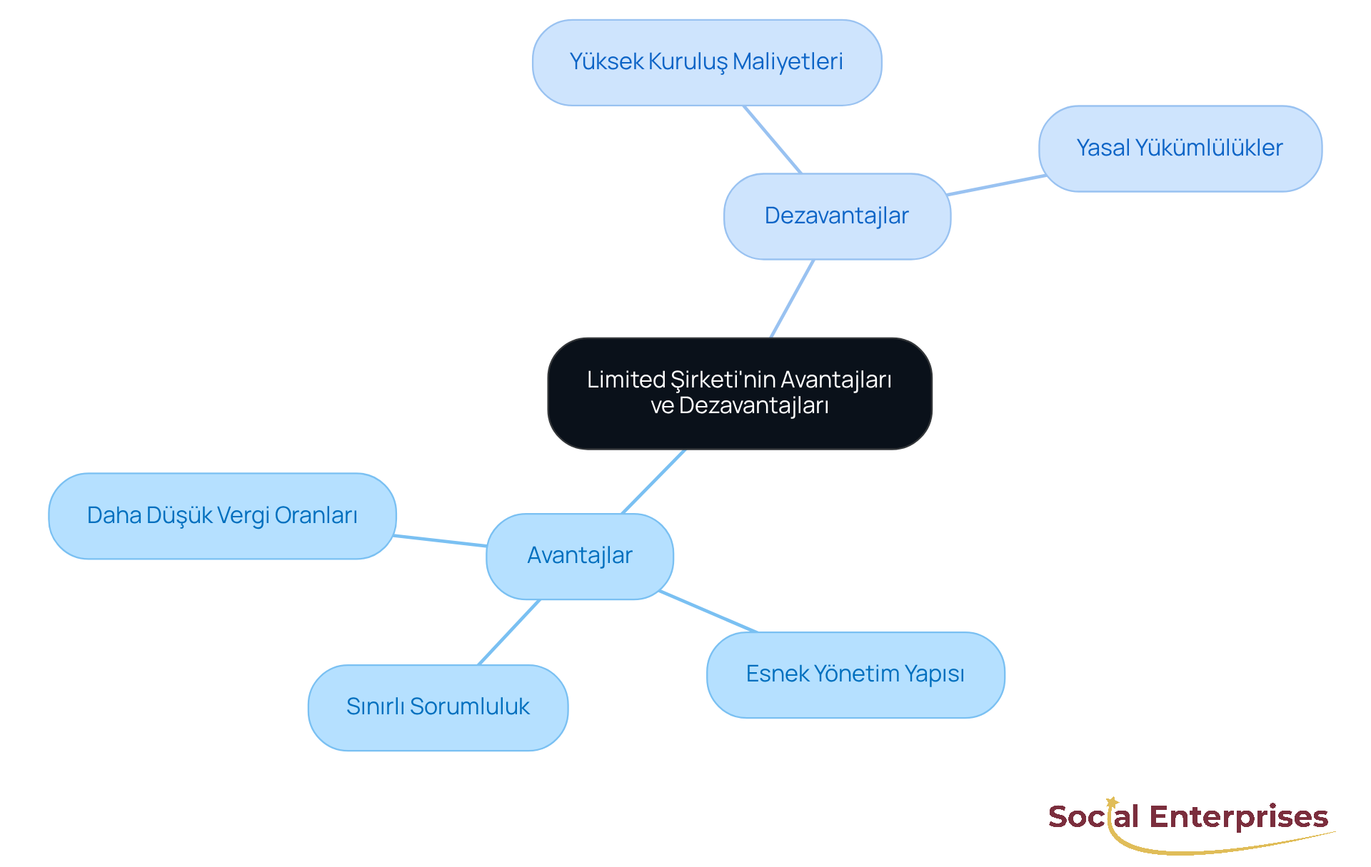 Merkezdeki başlık, limited şirketlerin genel avantajlarını ve dezavantajlarını gösterir. Dalları takip ederek her bir avantaj ve dezavantajın detaylarını görebilirsiniz.