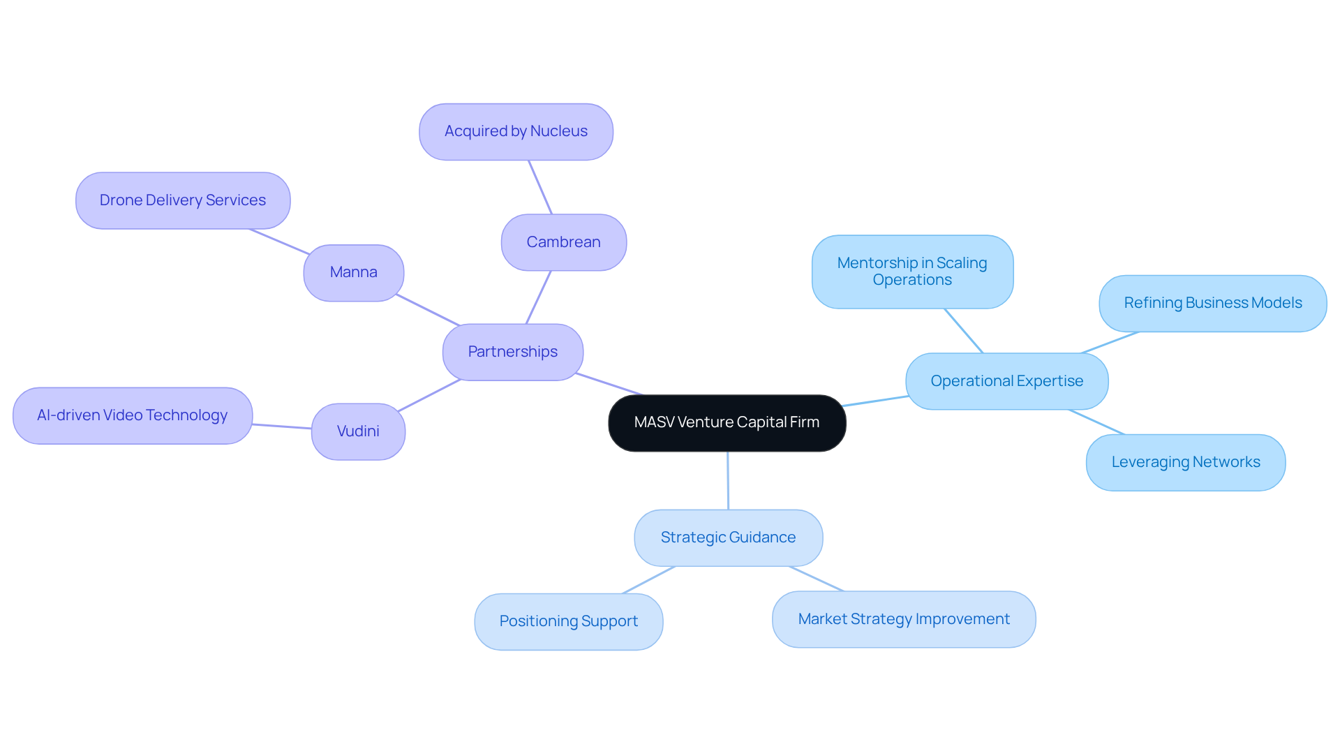 The center represents the MASV firm, and the branches illustrate its key areas of impact, including how it supports startups through mentorship and partnerships. Each sub-branch shows specific examples of companies benefiting from this approach.