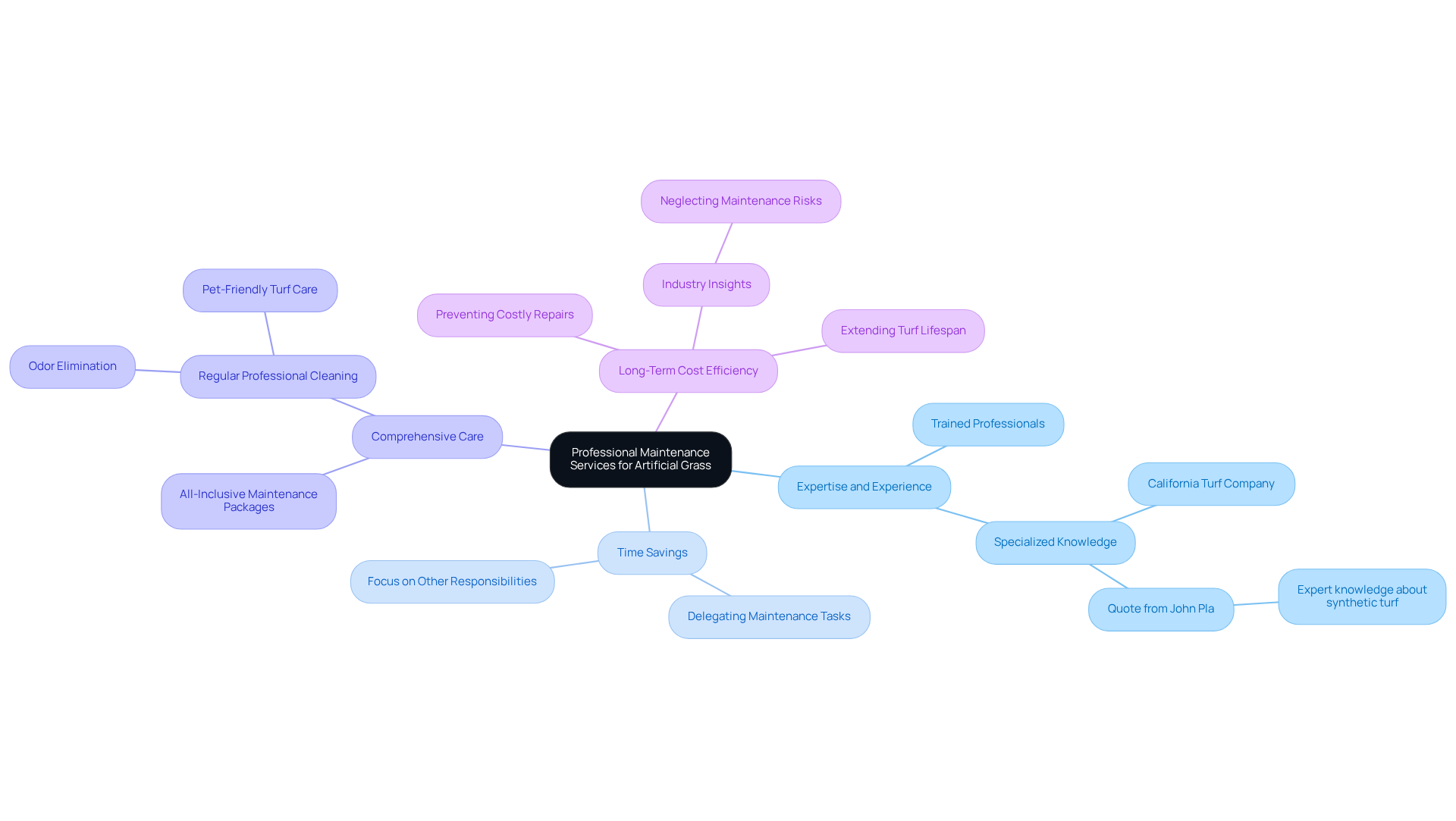 The center represents the main topic of professional maintenance services, while the branches show the key benefits. Each sub-branch provides more detail about those benefits, helping you understand why professional services are a smart choice for maintaining your artificial grass.