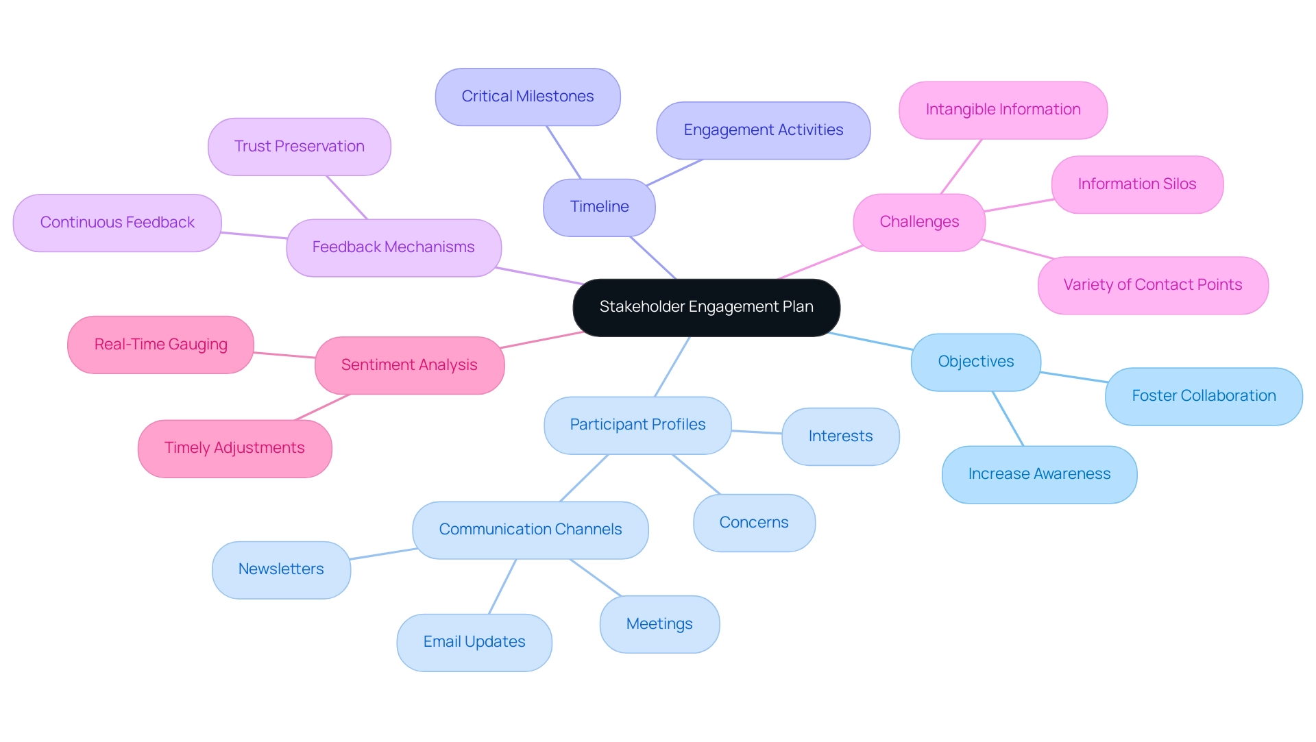 The central node represents the overall engagement plan, with branches showing the five key components and their respective details.