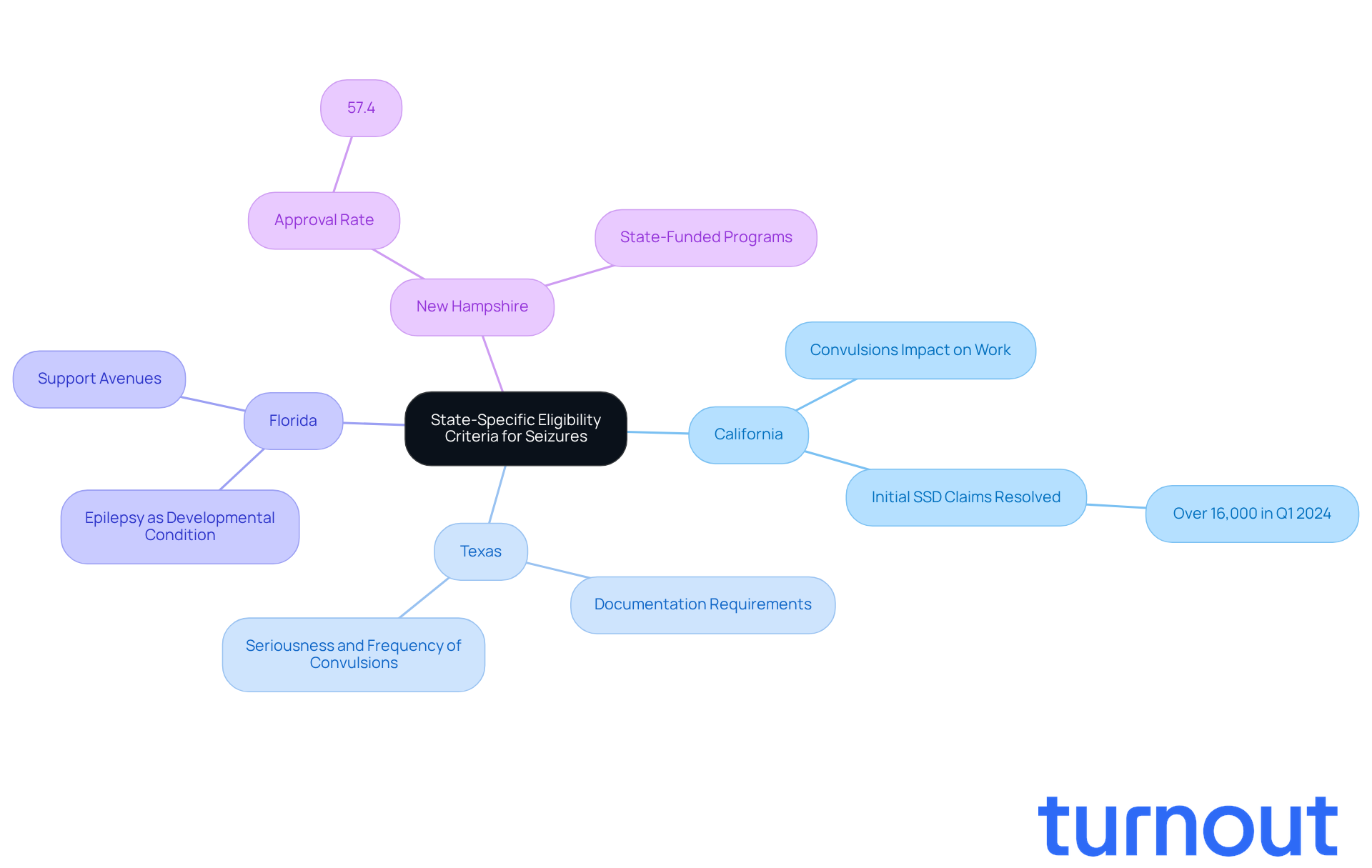 The central node represents the overall topic, while each branch shows a different state's criteria. The sub-branches provide specific details about how each state approaches the issue of seizures and disability assistance.