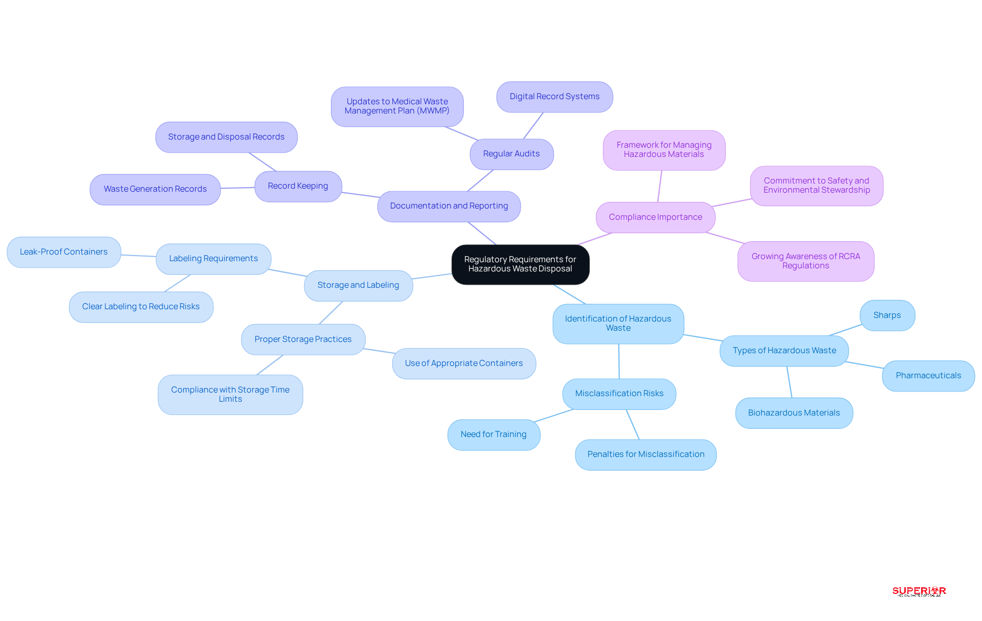 Start at the center with the main topic, then explore each branch to see the specific requirements and practices related to hazardous waste disposal in healthcare facilities.