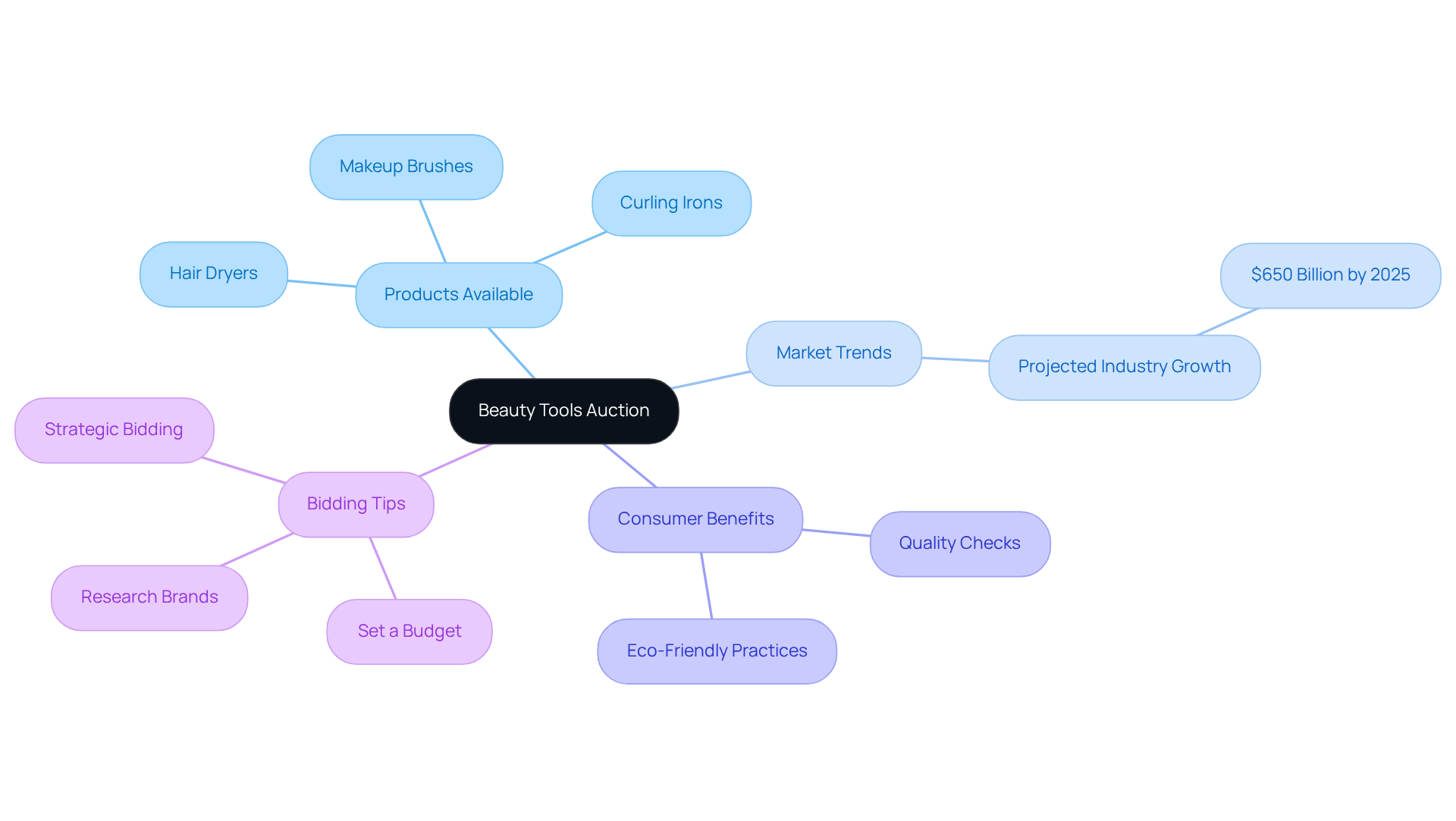 This mindmap starts with the main idea of the auction at the center and branches out to show different related topics, helping you understand what to expect and how to prepare for participating.