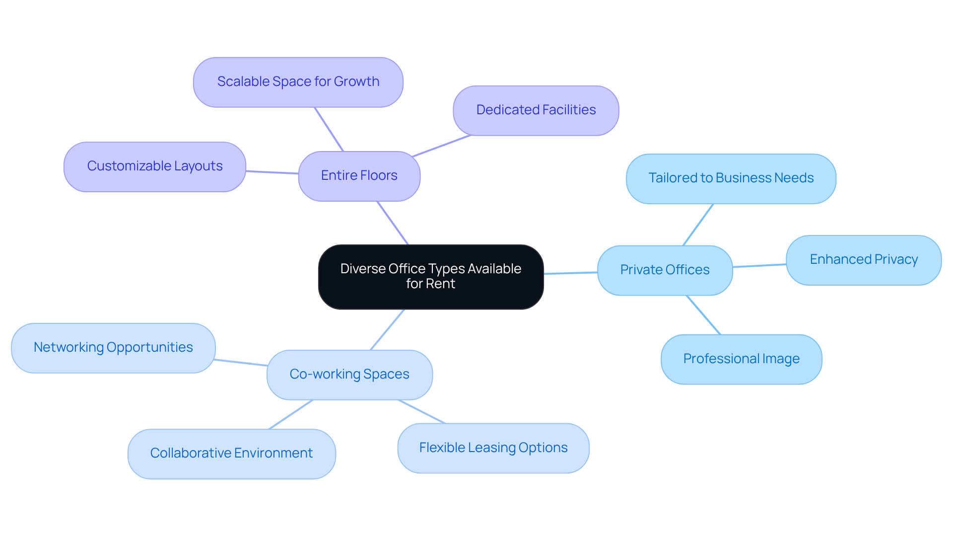 The center shows the main theme of diverse office types, and the branches represent different options available. Each option can have additional details that explain what makes it unique.