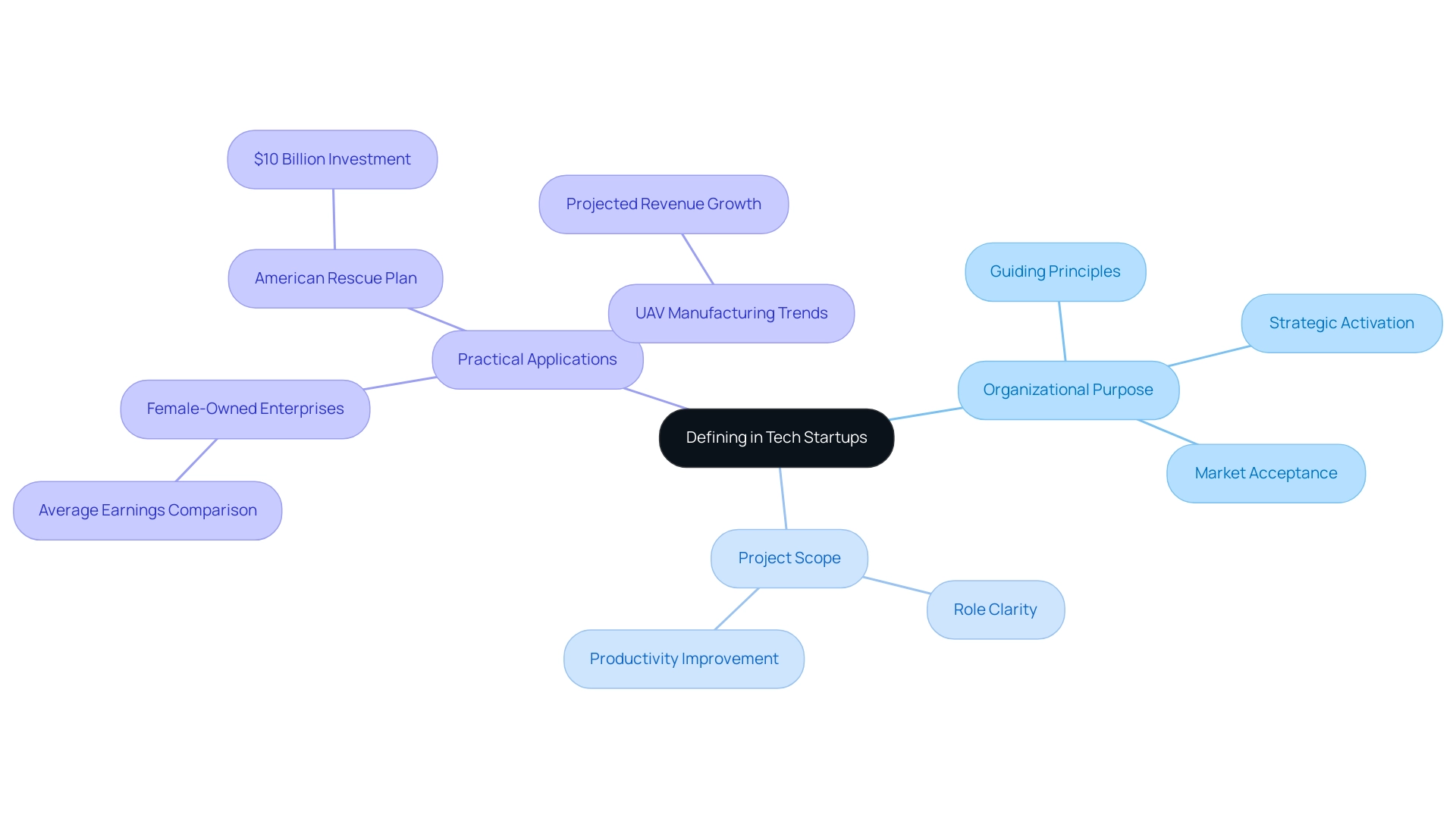 Each branch represents a key aspect of defining in startups; colors differentiate between organizational purpose, project scope, and practical applications.