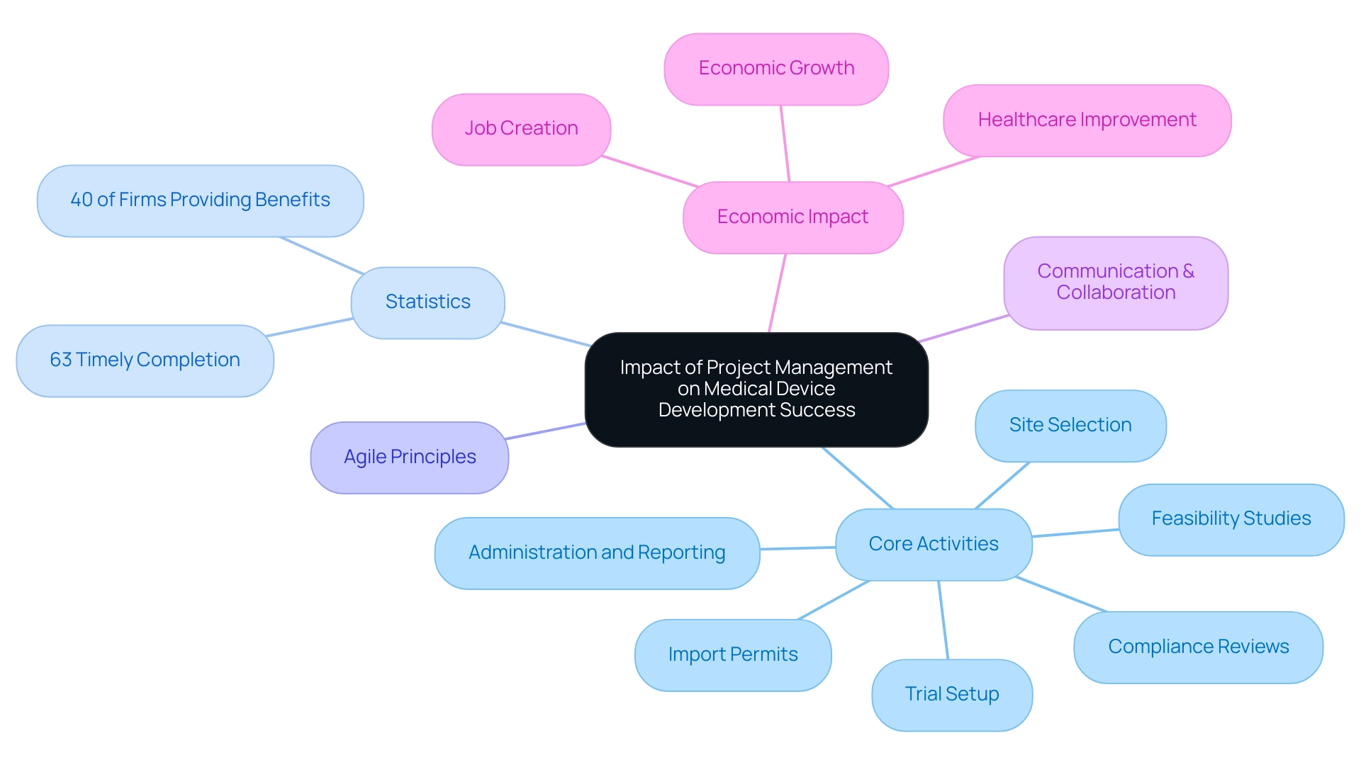 The central node represents the overall impact, with branches showing core activities, statistics, and their respective influences on project success.