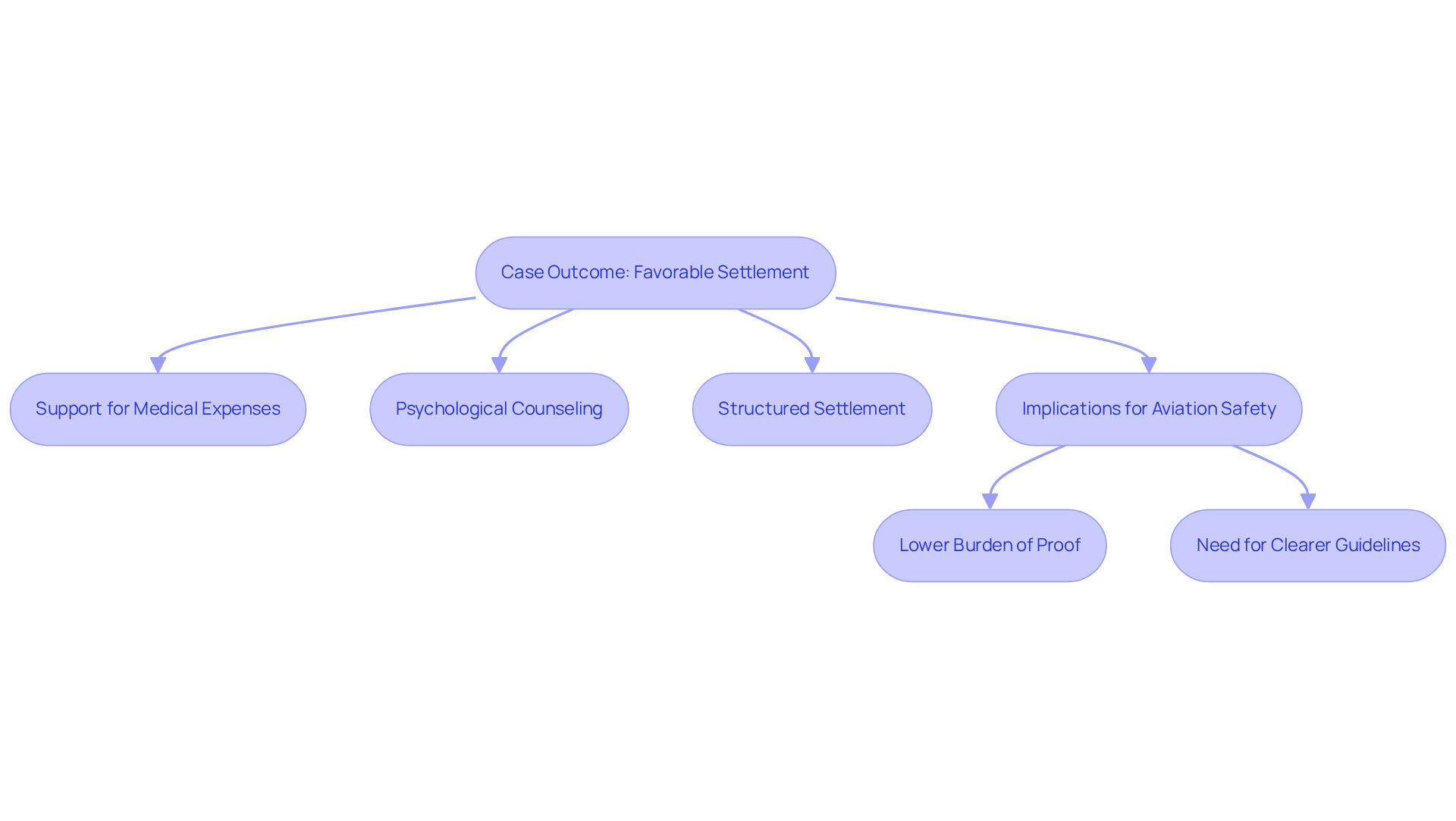 This flowchart illustrates the journey from the case outcome to its implications for aviation safety. Each box represents a key point, and the arrows show how they connect. Start with the favorable settlement, then see how it supports the family and leads to broader discussions about safety.