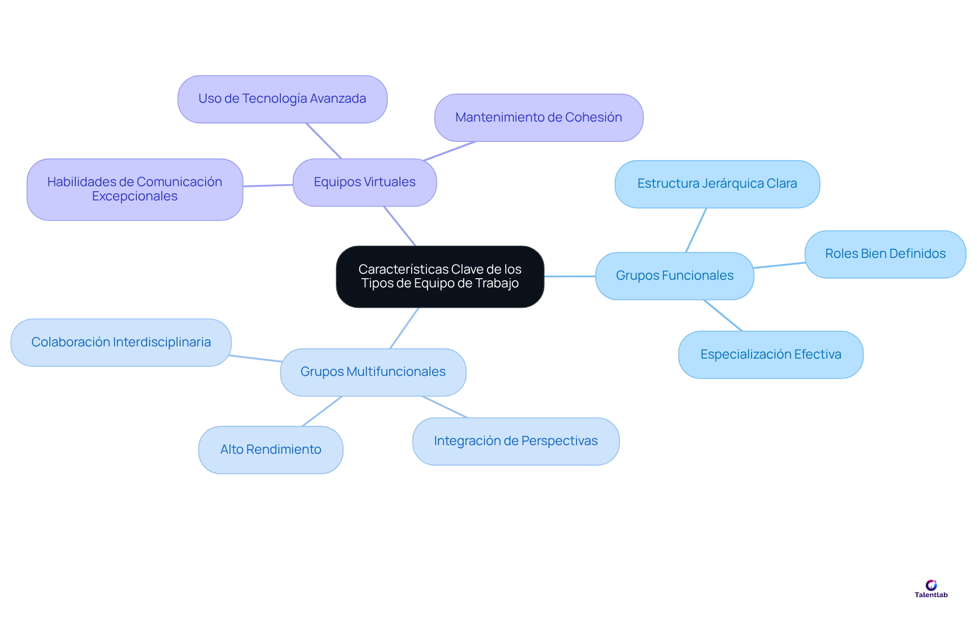 El nodo central representa el tema principal, mientras que las ramas muestran los diferentes tipos de equipos y sus características. Cada color ayuda a distinguir entre los tipos de equipo, facilitando la comprensión de cómo se relacionan y qué los hace únicos.