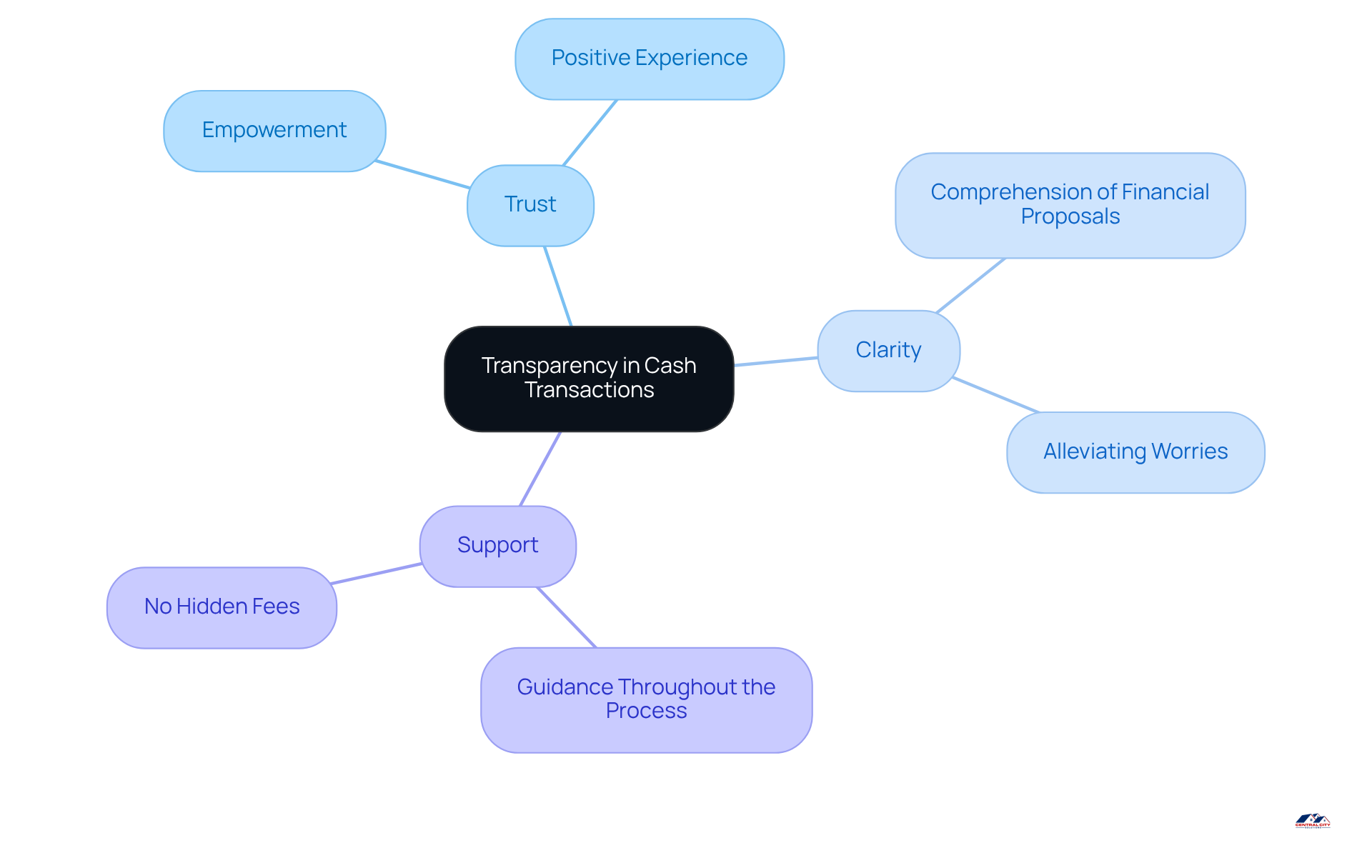 This mindmap centers on the importance of transparency in cash transactions. Each branch represents key ideas that support the main theme, showing how they interconnect and contribute to a better selling experience. This mindmap centers on the importance of transparency in cash transactions. Each branch represents key ideas that support the main theme, showing how they interconnect and contribute to a better selling experience.