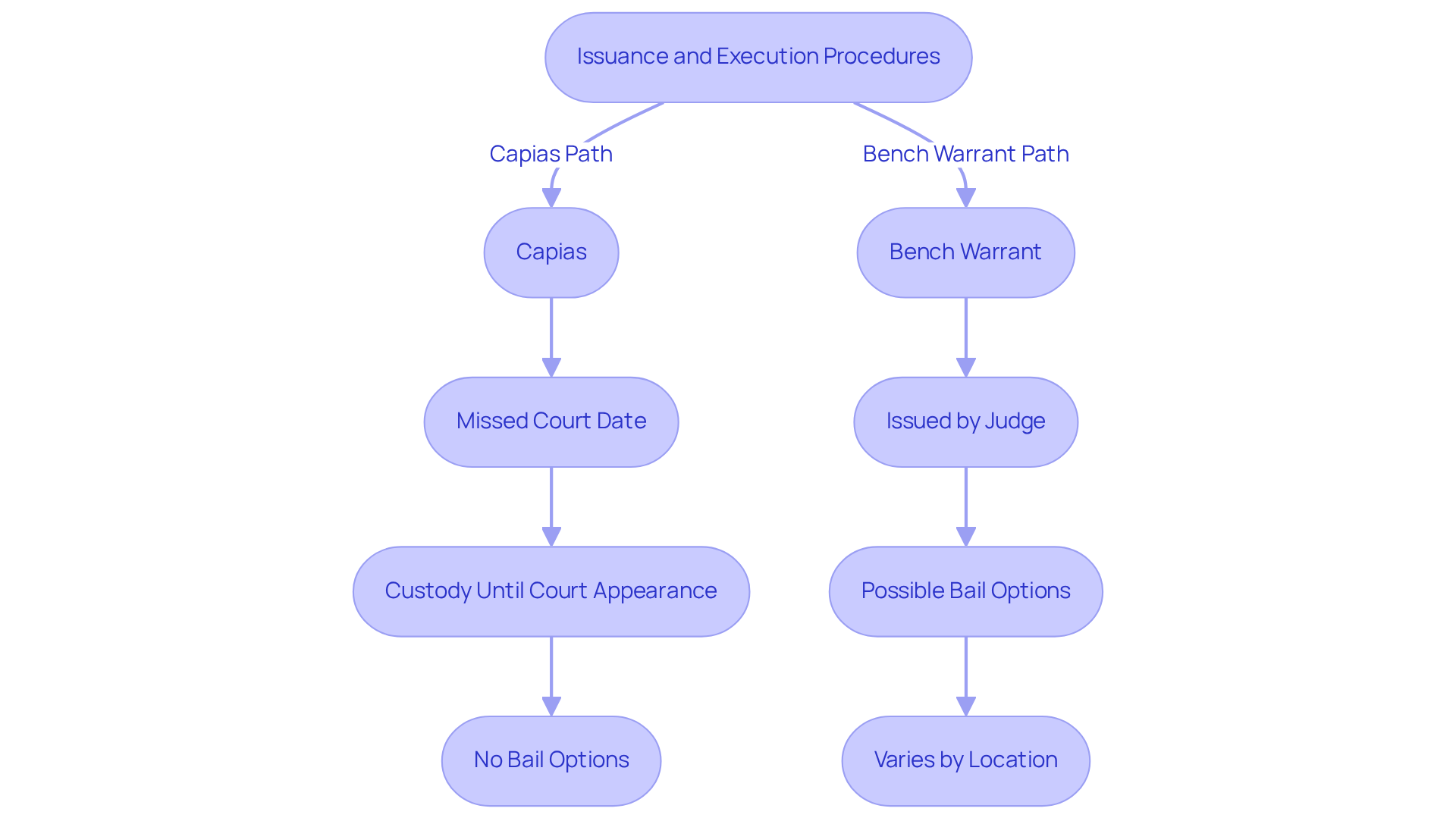 This flowchart outlines the differences between capias and bench warrants. Follow the paths to see how each type is issued and what happens next. The blue path represents capias procedures, while the green path shows bench warrant procedures. Each step highlights key actions and outcomes.