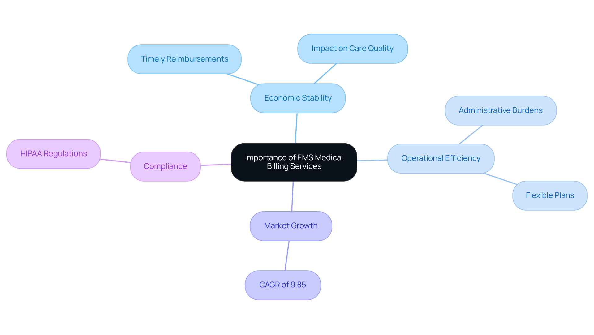 This mindmap illustrates the key themes surrounding EMS medical billing services. Each branch represents a critical area of focus, showing how they connect to the central idea. For example, 'Economic Stability' highlights the importance of timely reimbursements, while 'Compliance' emphasizes adherence to regulations. Follow the branches to explore how these elements contribute to the overall effectiveness of EMS providers.