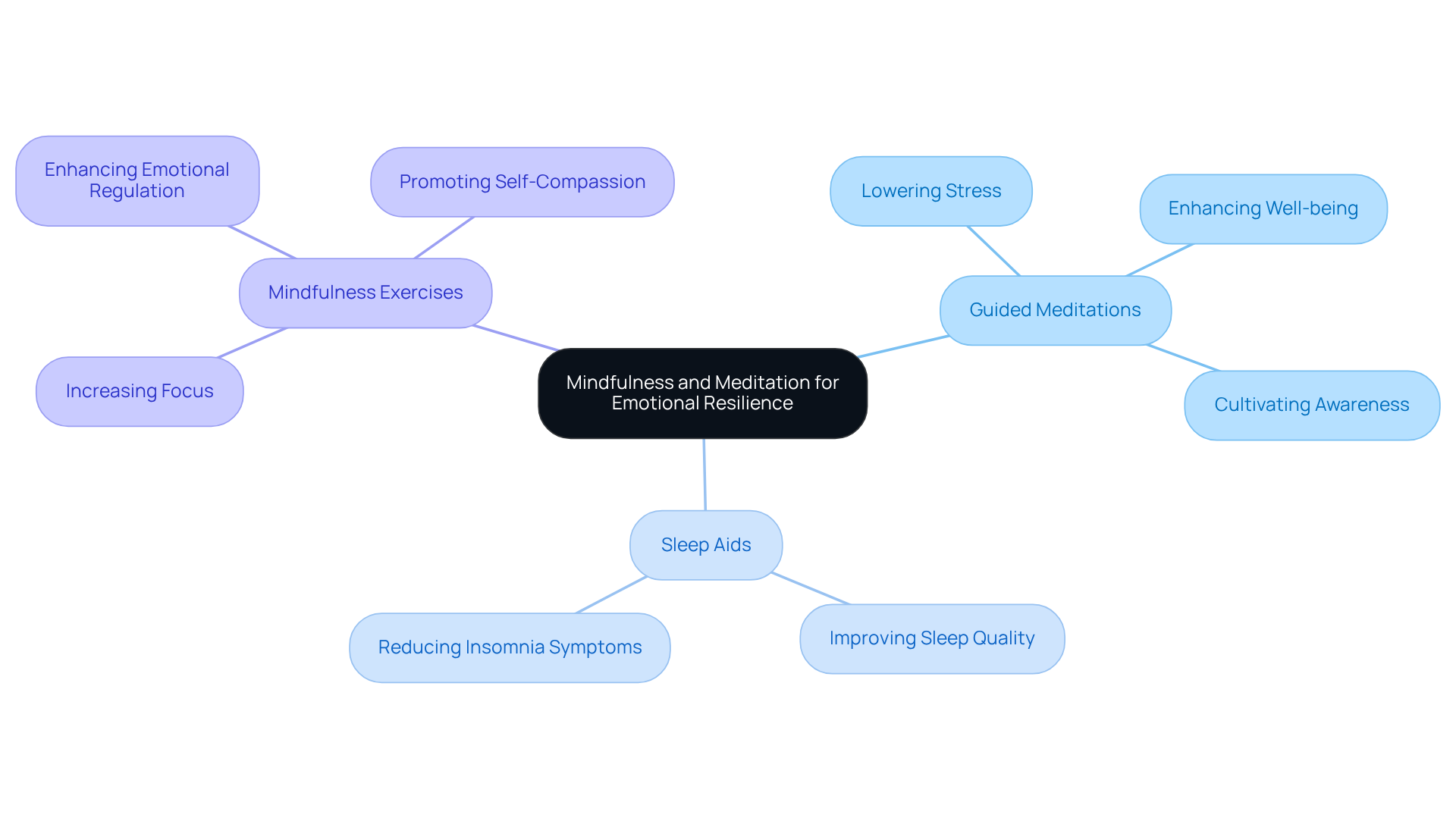 The center represents the main theme of mindfulness and meditation. Each branch shows different tools and their benefits, helping you see how they contribute to emotional resilience.